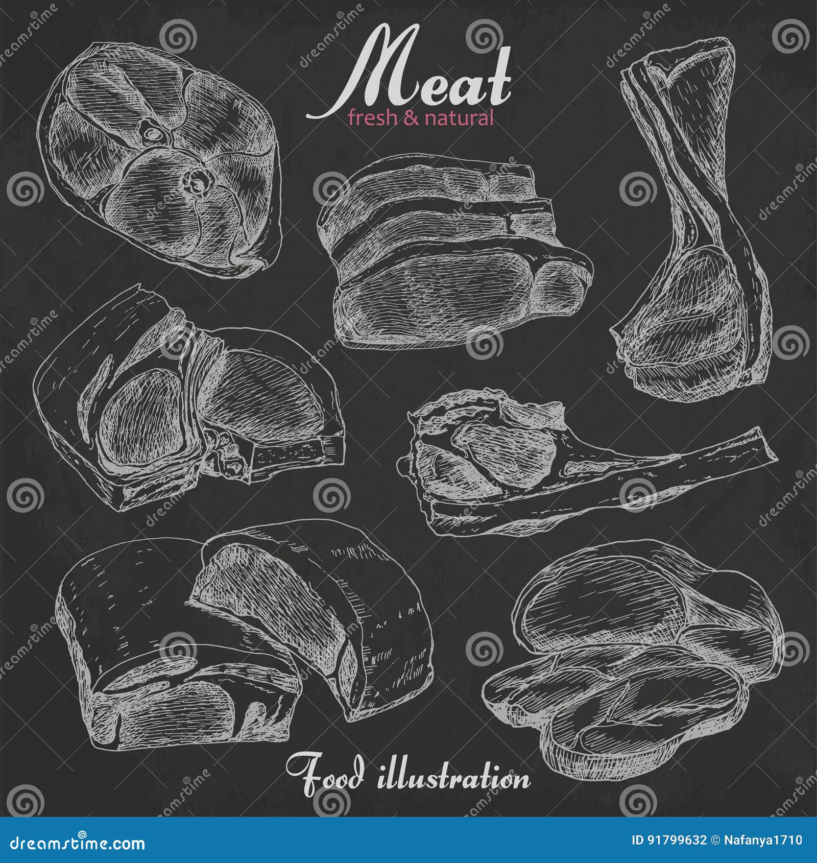 Set of Hand Drawn Meat Isolated on Black Background Stock Vector ...