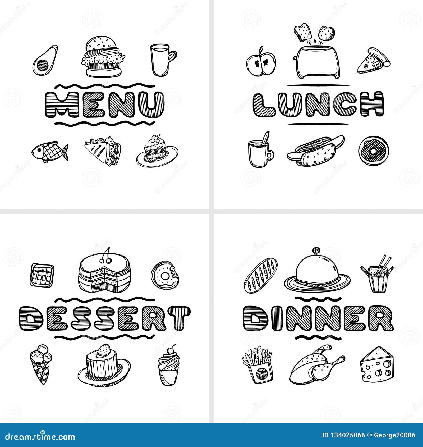 Set of 4 Hand Drawn Menu for Cafe. Sketch Concept Illustration Stock ...