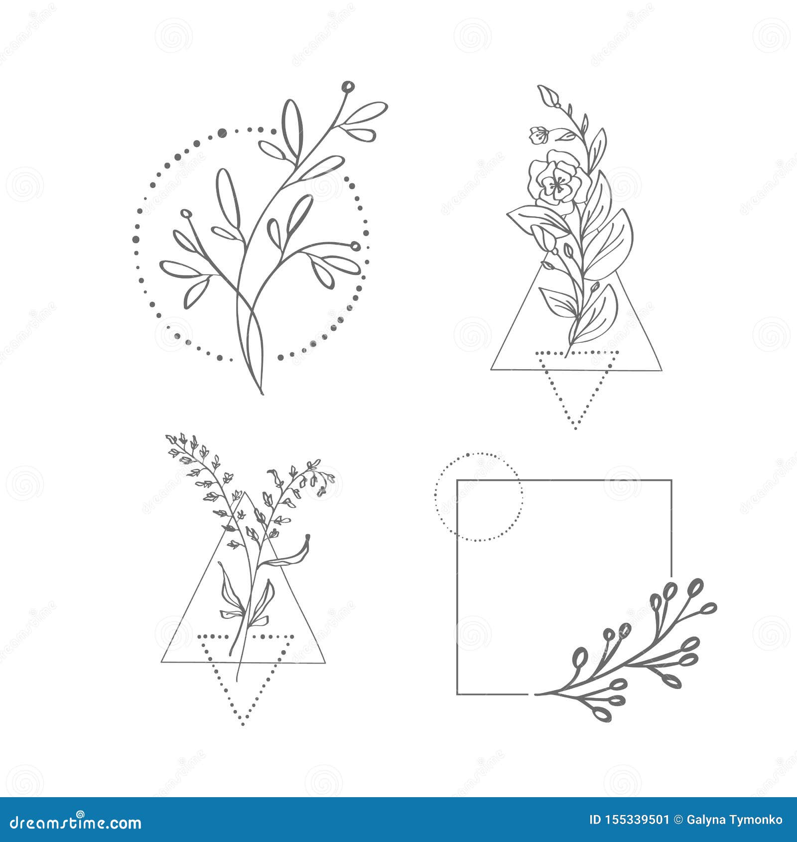 Set of Hand Drawn Minimalistic Branch with Leaves and Geometric ...