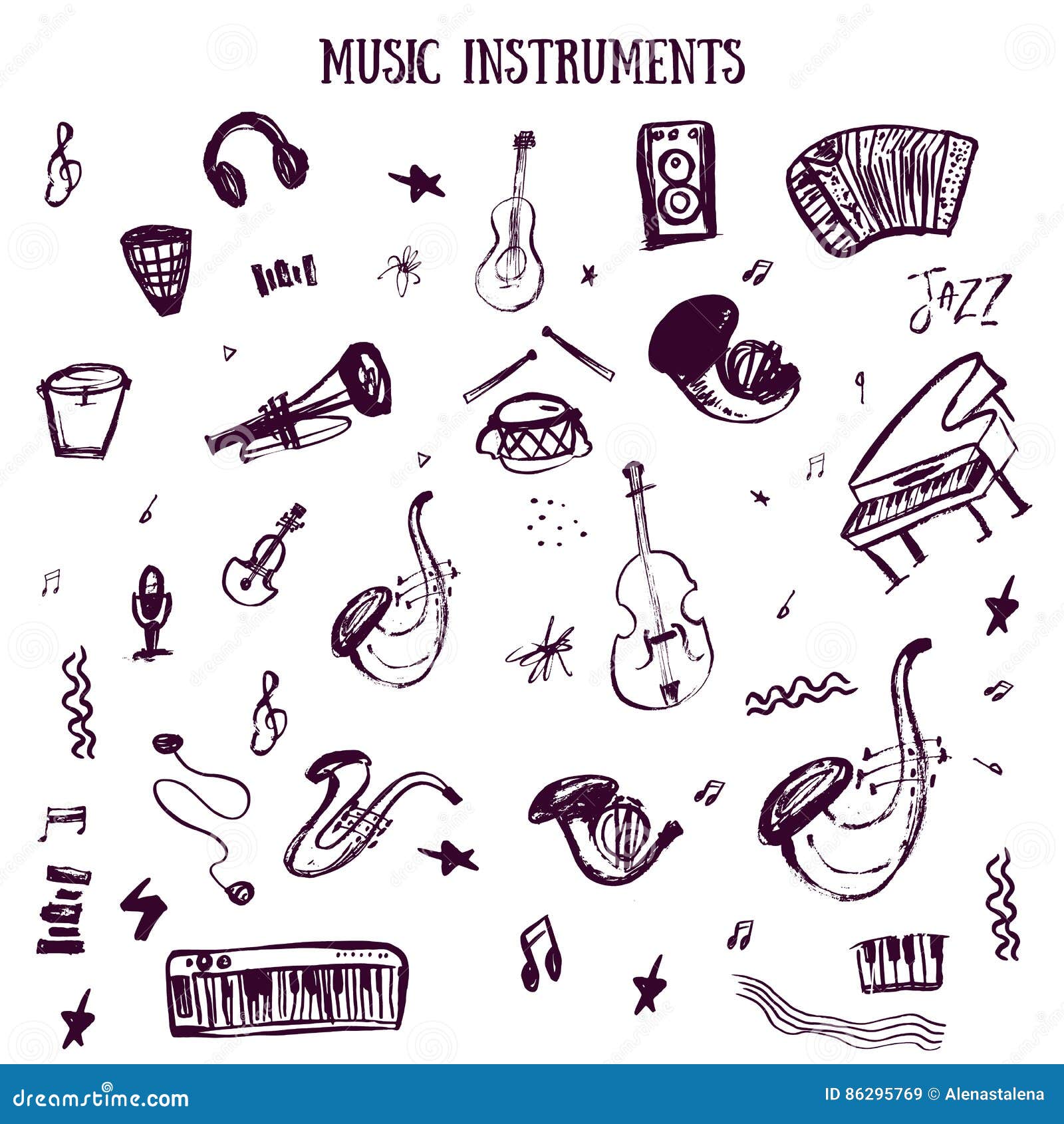Set of Hand Drawn Music Instruments in Vector with Guitar, Rock, Bass ... Set of Hand Drawn Music Instruments in Vector with Guitar, Rock, Bass ...