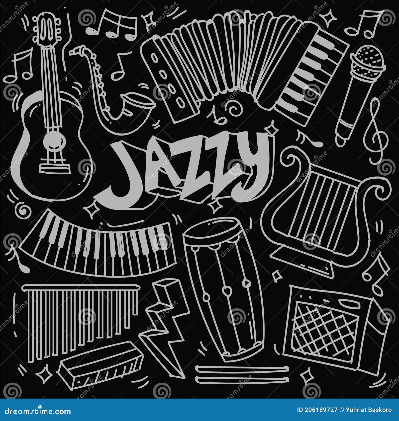 Set of Hand Drawn Music Theme Isolated on Black Background, Doodle Set ...