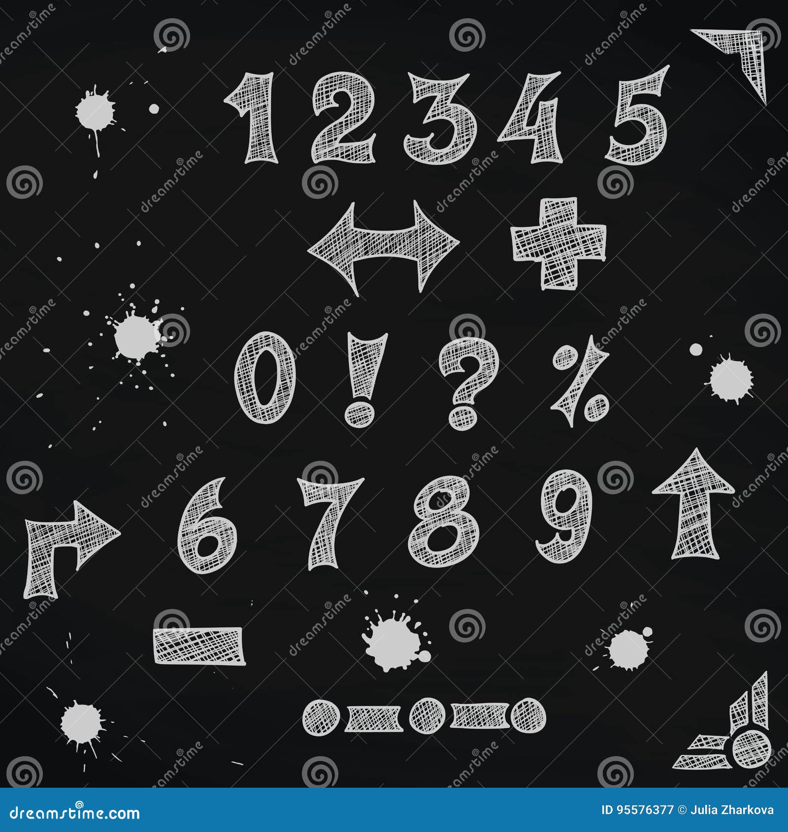 Set of Hand-drawn Numbers, Arrows, Frames and Drops, Blackboard. Stock ...