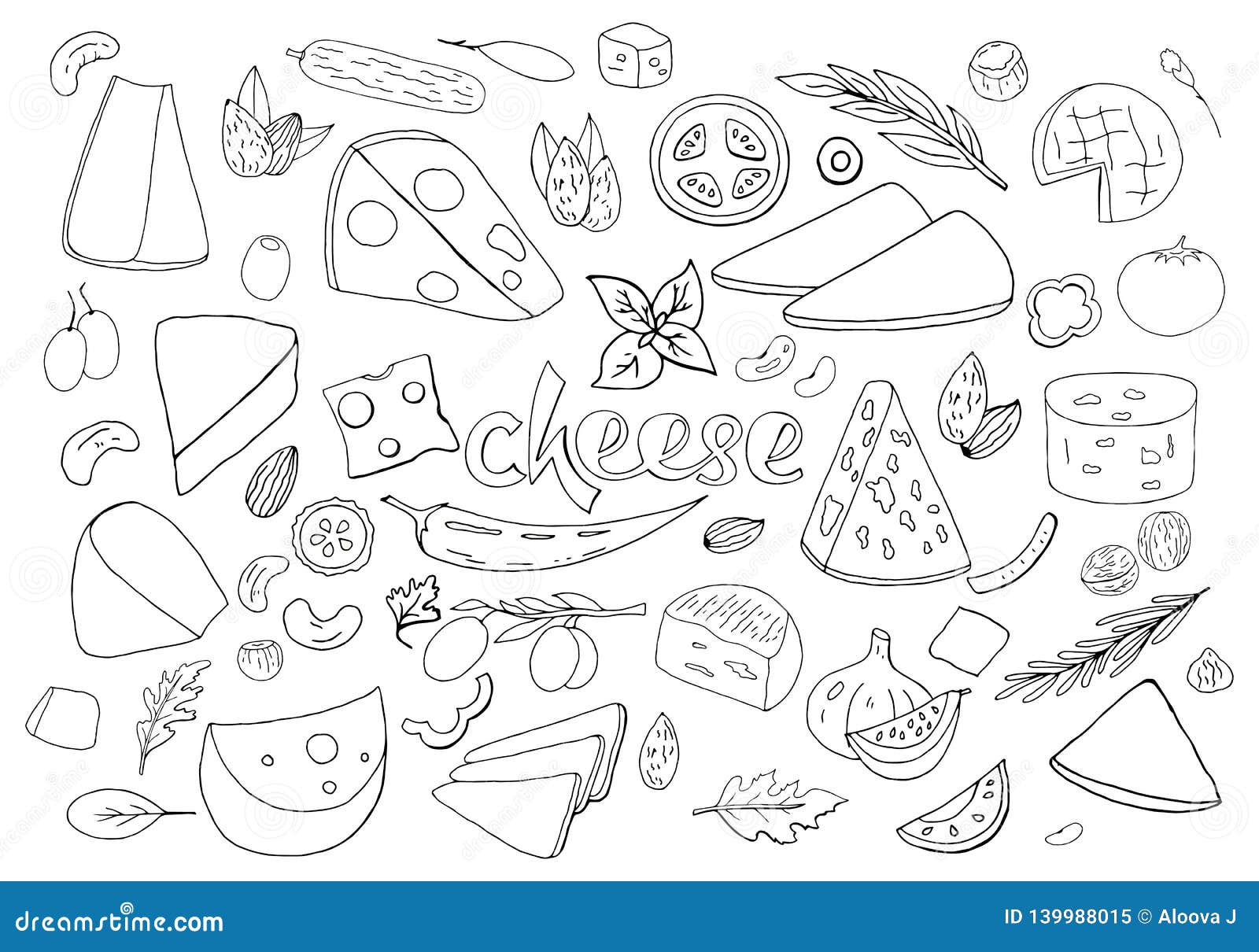 Set of Hand-drawn Outline Cheese Elements Isolated on White Background ...