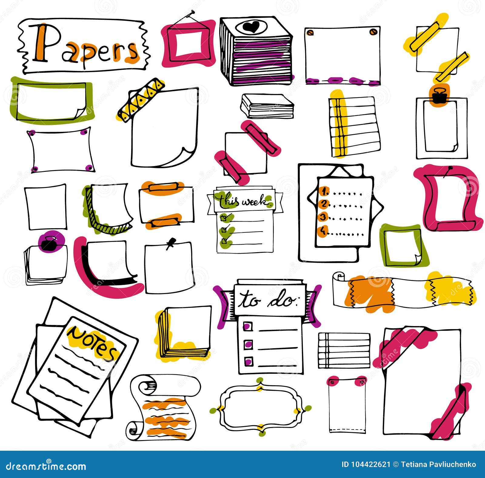 Set of Hand Drawn Paper Notes, Lists, in Vector Stock Vector ...
