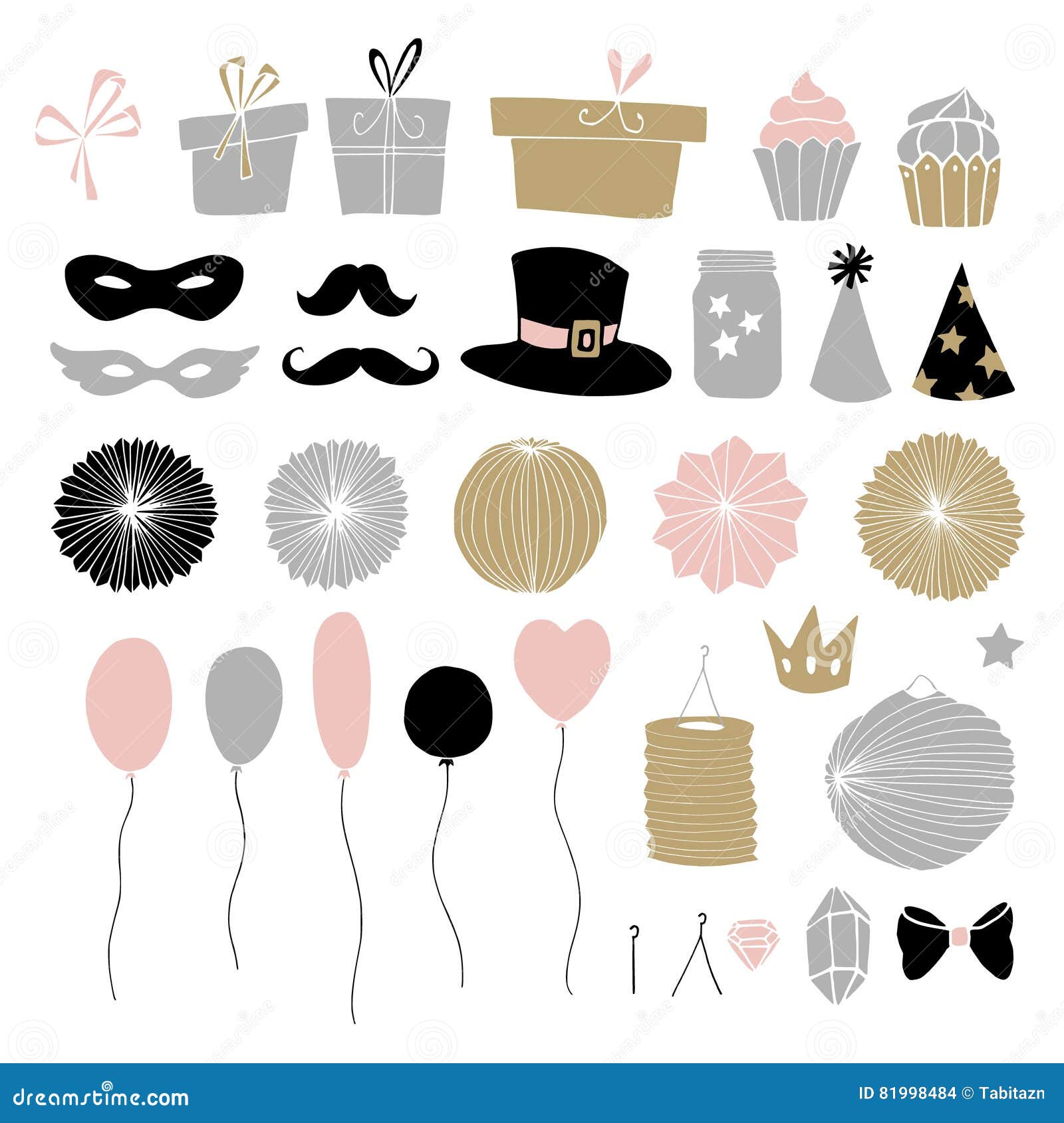 Set of Hand Drawn Party Elements. Doodle Gift Boxes, Paper Lanterns ...