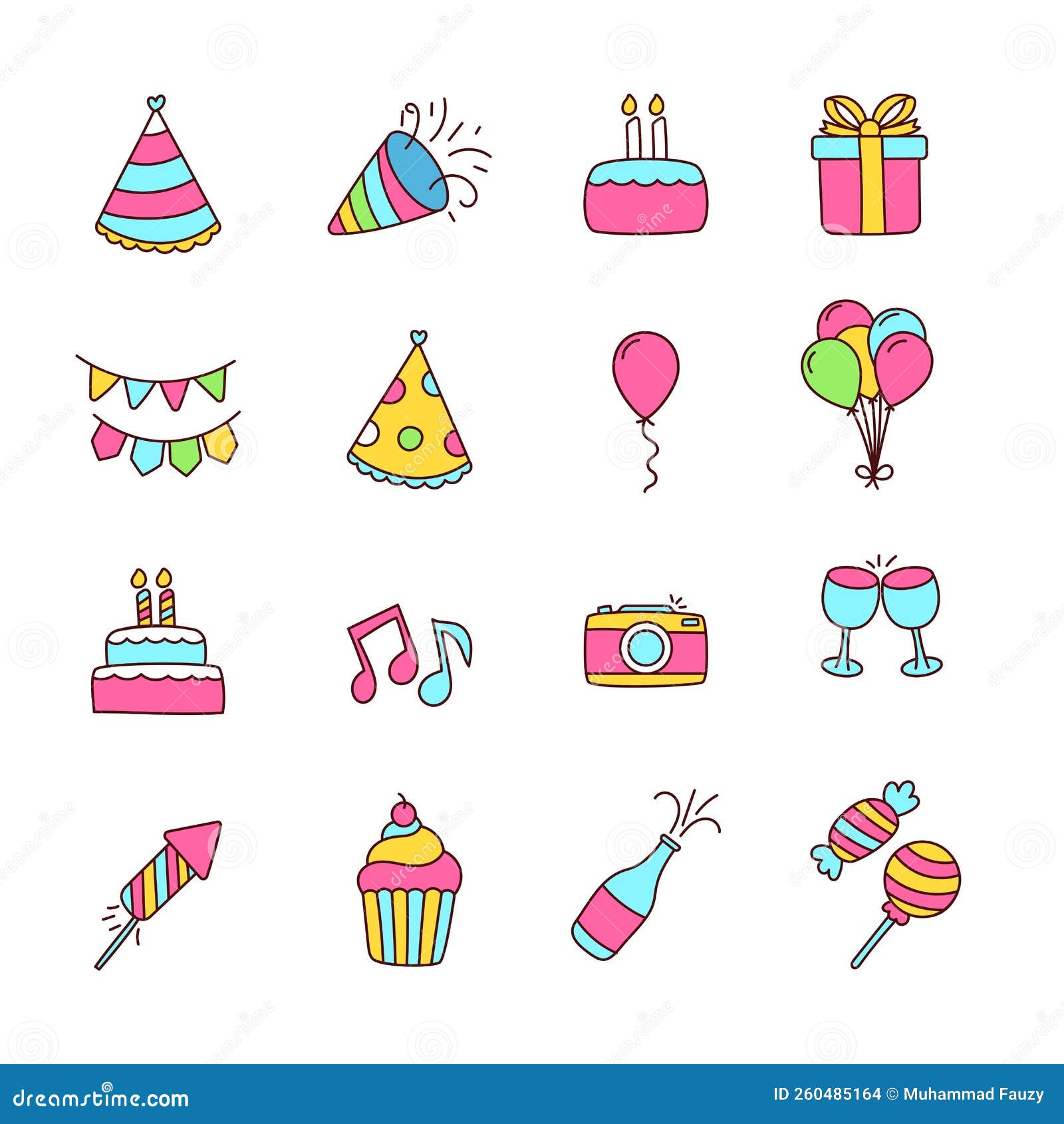 Set of Hand-drawn Party Elements Vector Illustrations Isolated on White ...