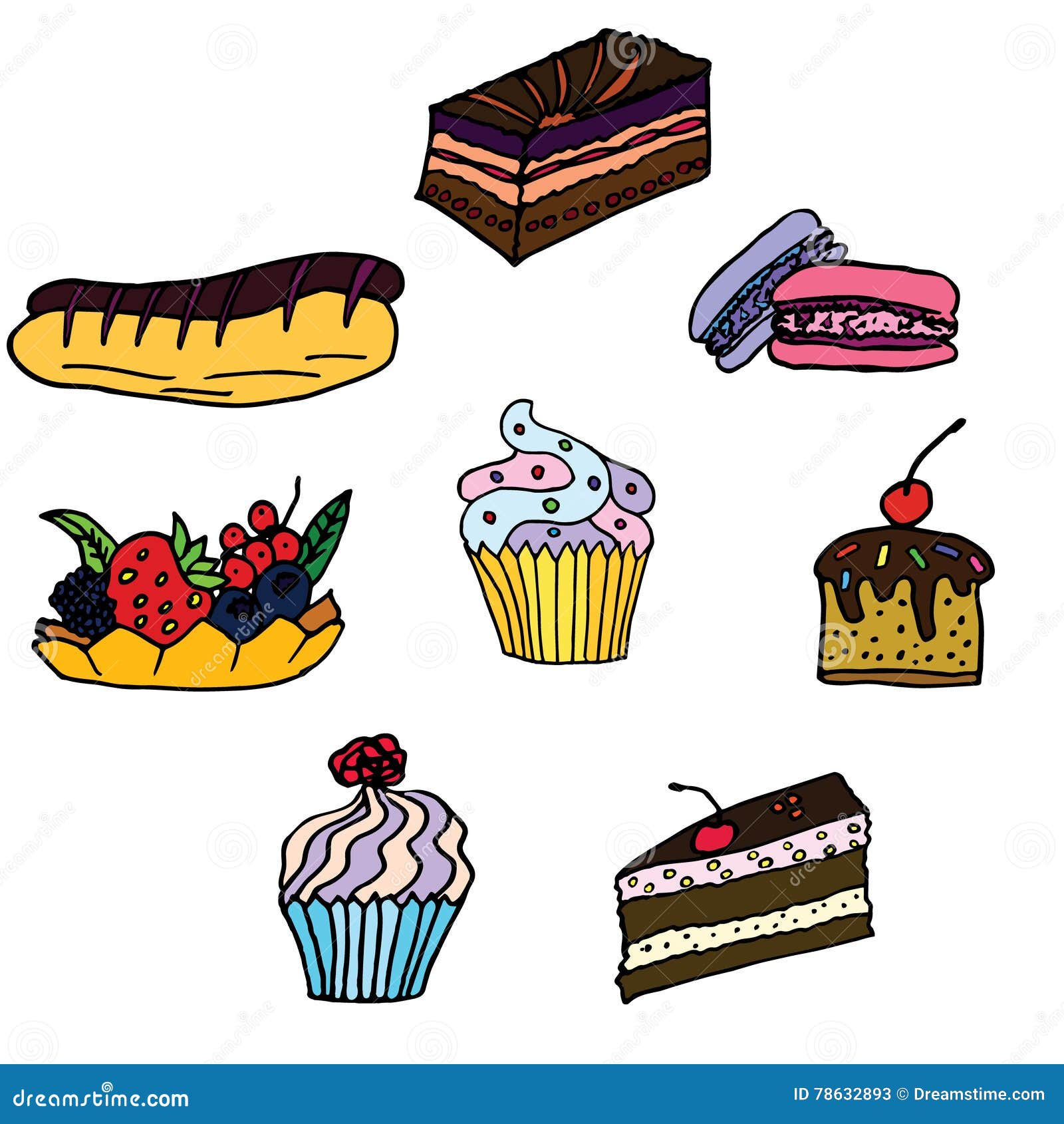 Set of Hand Drawn Pastries, Cupcakes Stock Vector - Illustration of ...