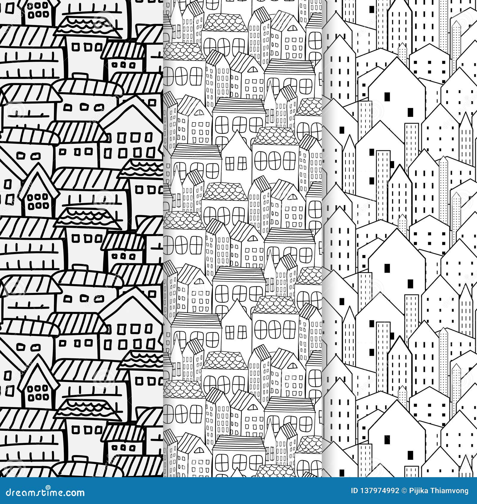 Set of Hand Drawn Pattern with City Background. Stock Vector ...