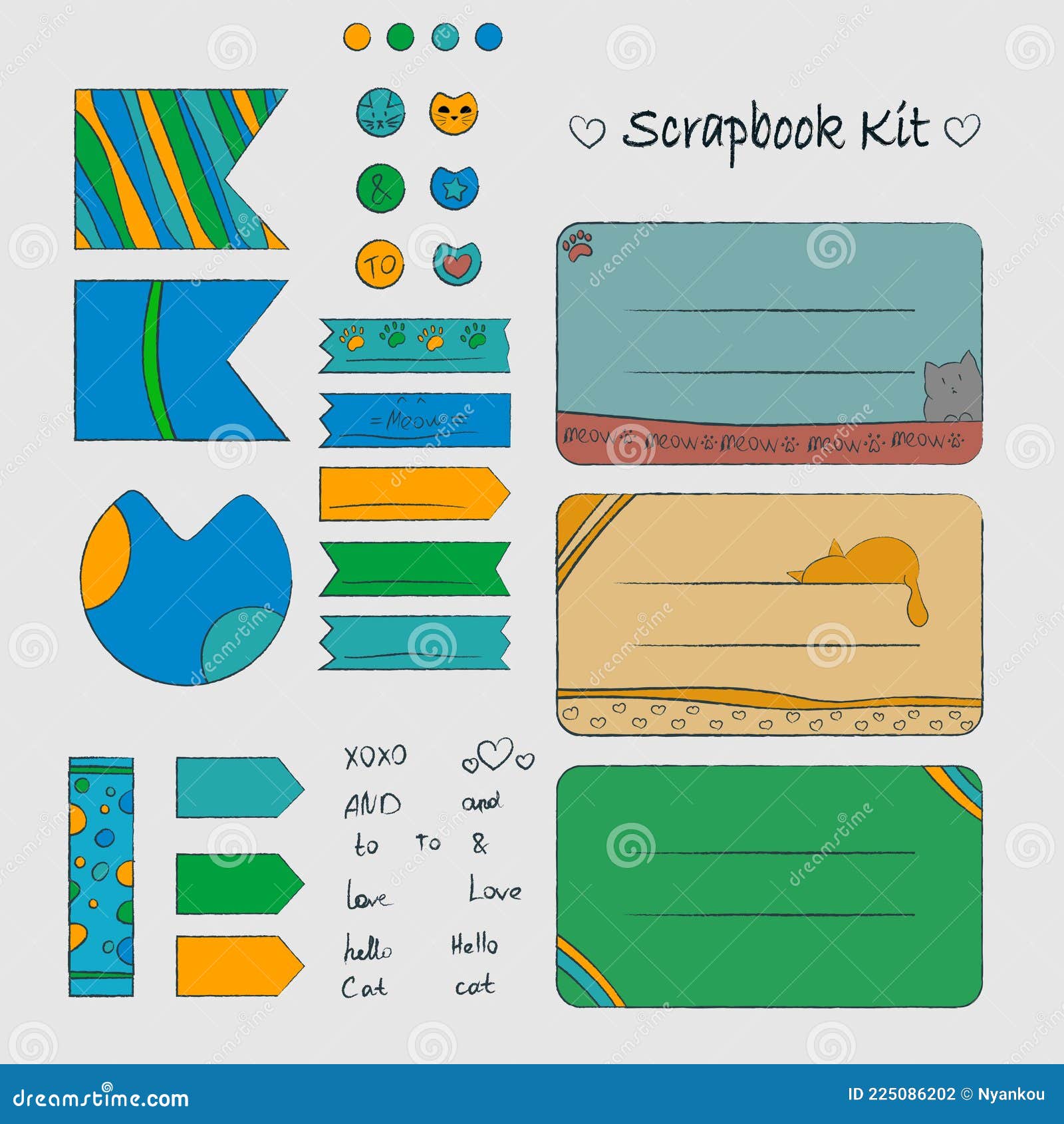 Set of Hand Drawn Scrapbook with Cute Cats, Scratchbook, Paper Strips ...