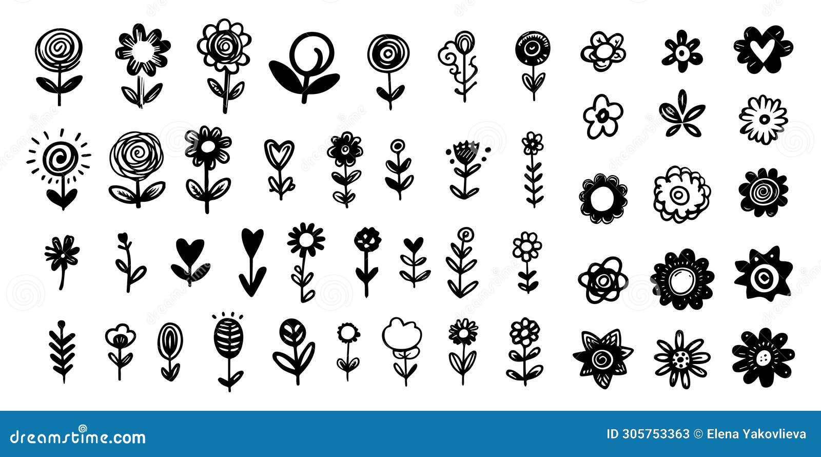 Set of Hand Drawn Scribble Doodles Flowers Stock Illustration ...