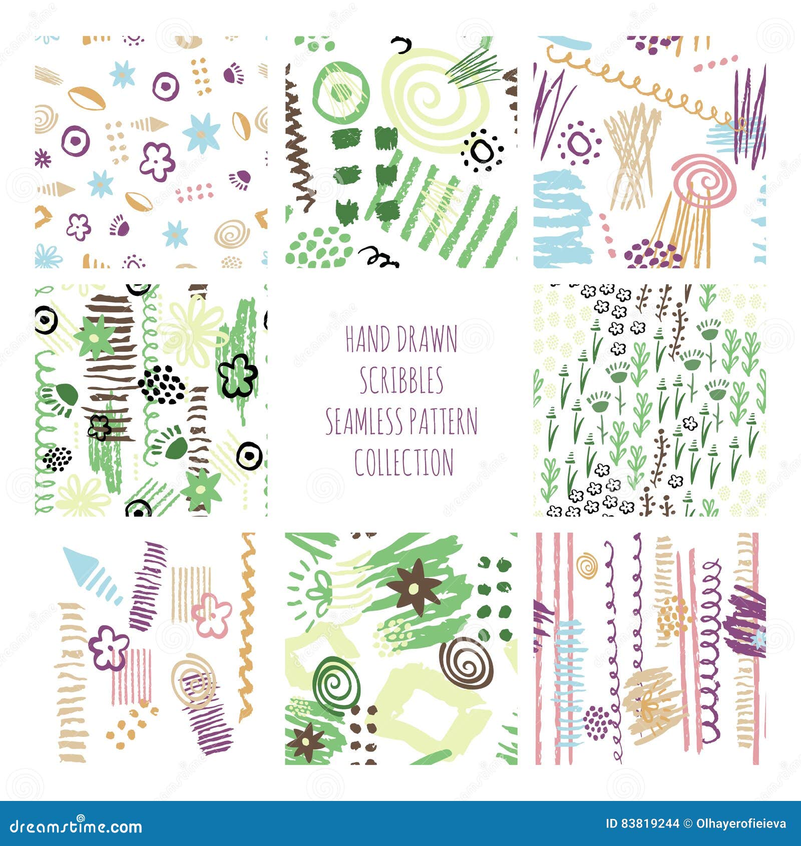 Set Hand Drawn Scribbles Seamless Pattern Stock Vector - Illustration ...