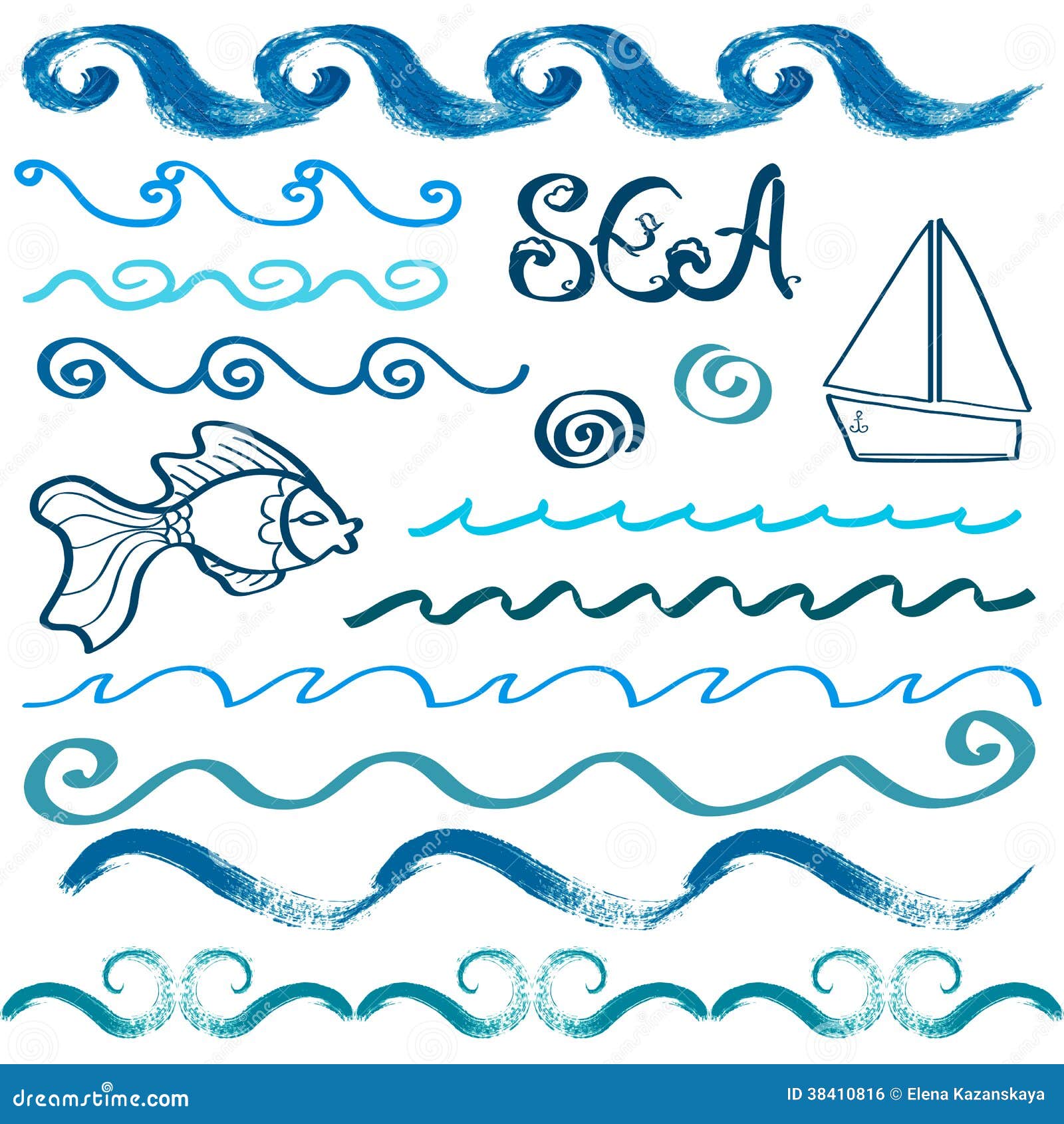 Set of Hand Drawn Sea Design Elements Stock Vector - Illustration of ...