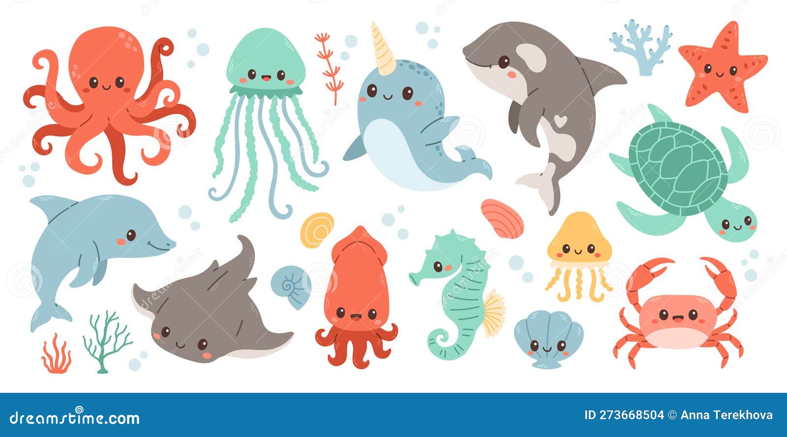 Set with Hand Drawn Sea Life Elements. Vector Doodle Cartoon Set of ...