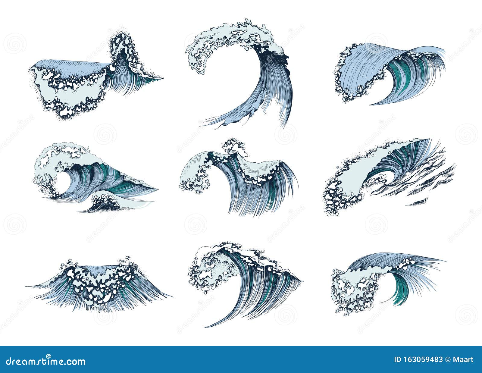 Set of Hand Drawn Sea Waves Stock Vector - Illustration of silhouette ...