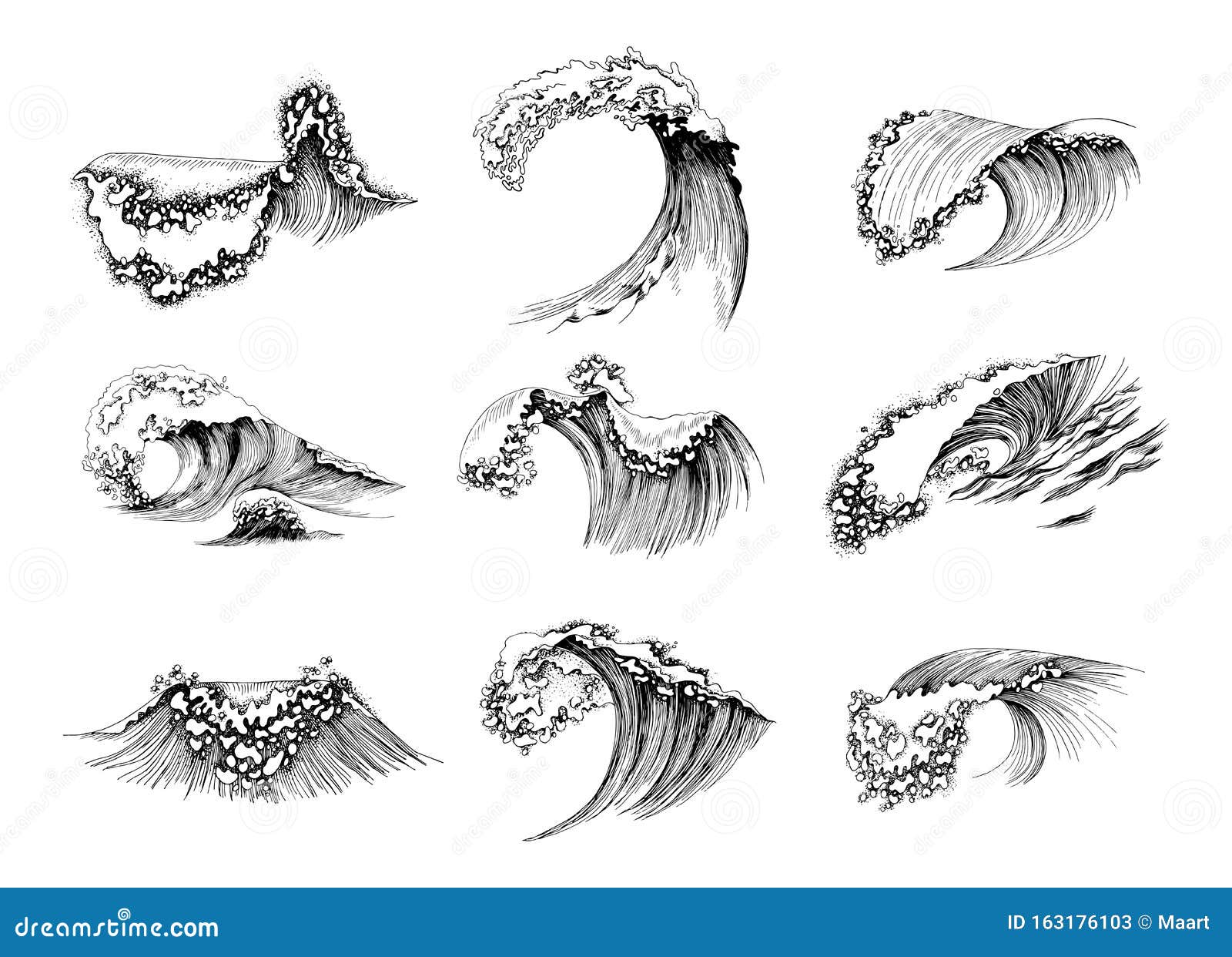 Set of Hand Drawn Sea Waves Stock Vector - Illustration of ocean, line ...