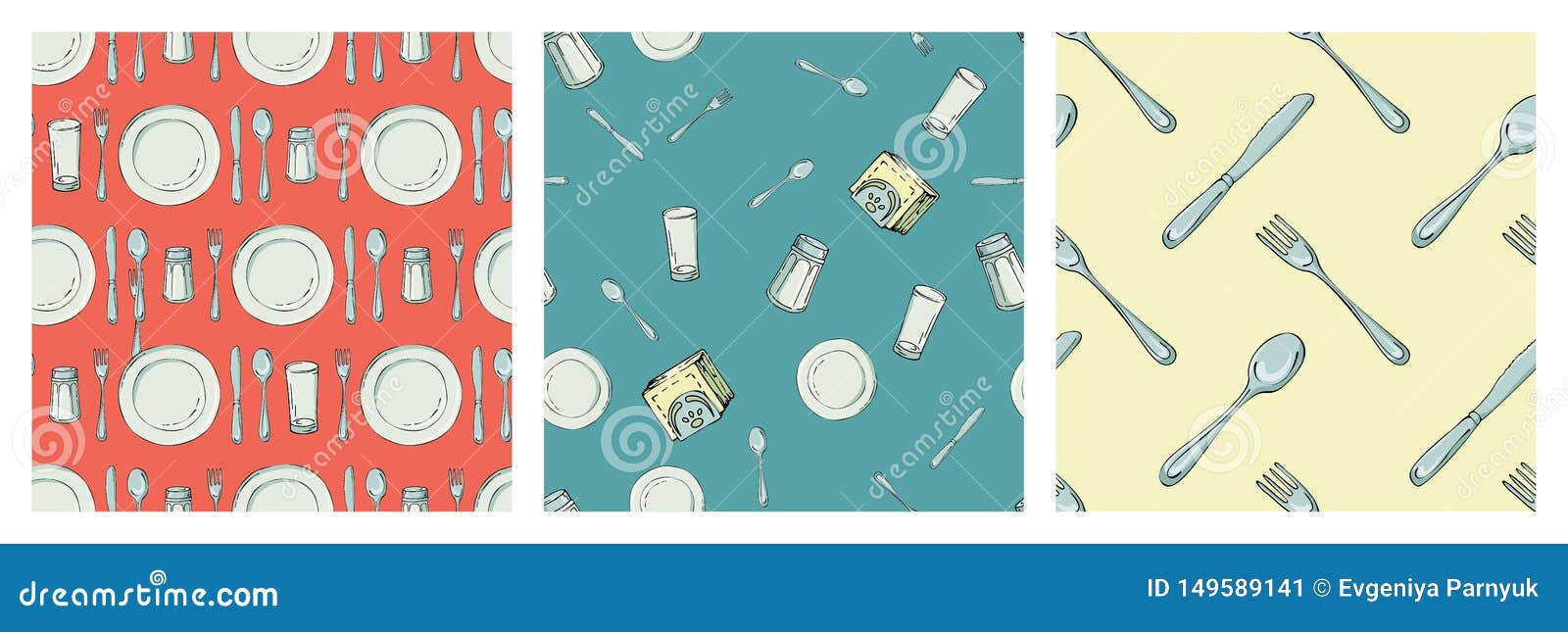 Set of Hand Drawn Seamless Pattern with Kitchen Utensils. Stock Vector ...