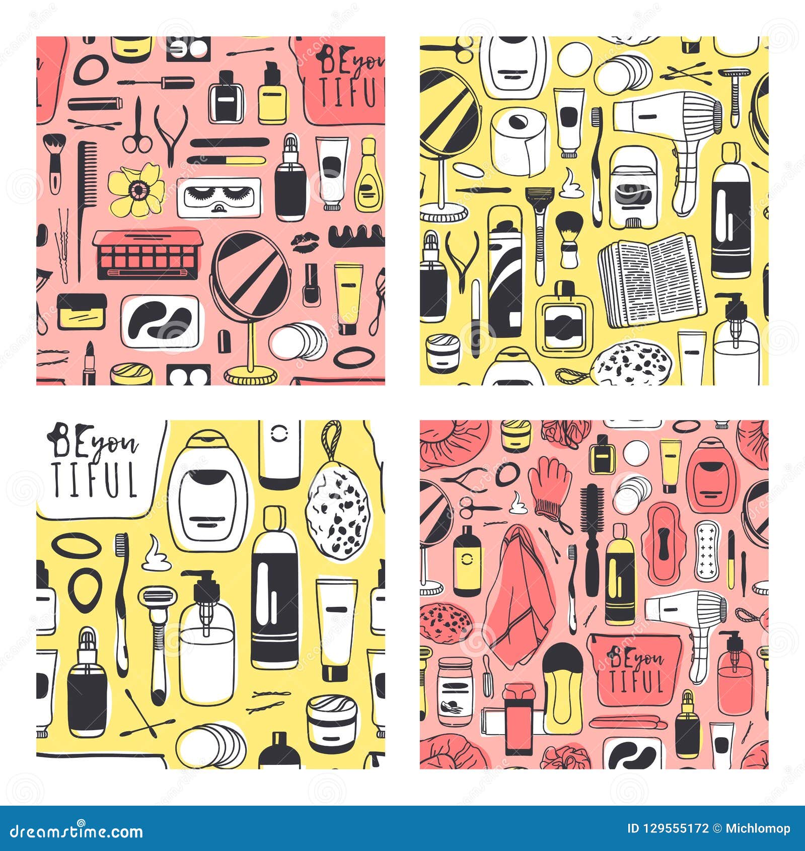 Set of Hand Drawn Seamless Patterns with Cosmetics. Vector Illus Stock ...