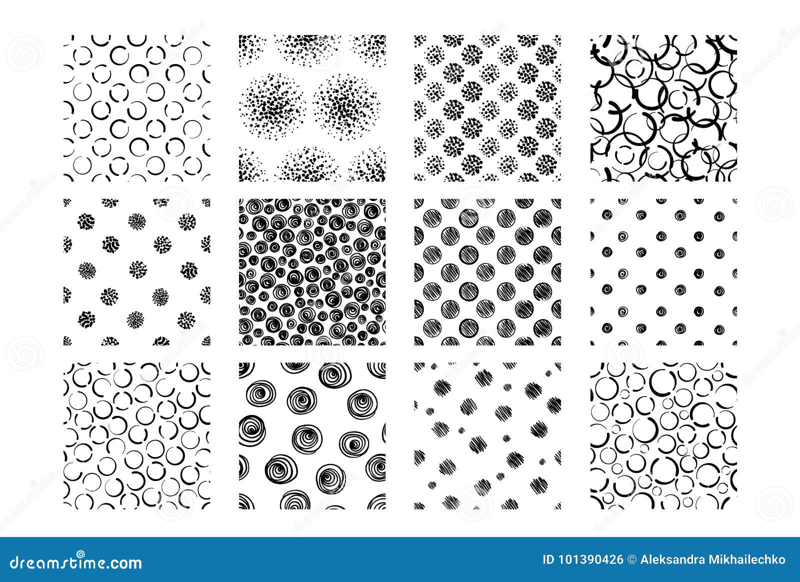 Set of Hand Drawn Seamless Patterns with Dots and Circles Isolated on ...