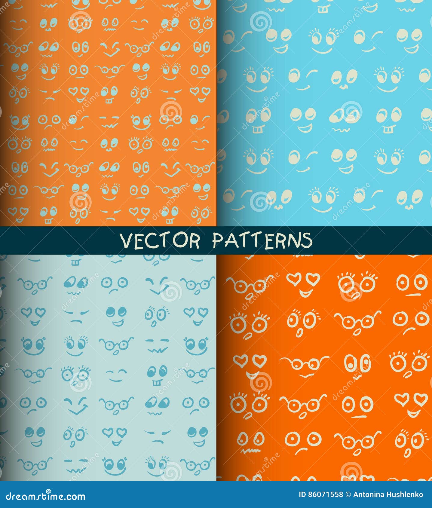 Set of Hand Drawn Seamless Patterns with Funny Faces Stock Vector ...