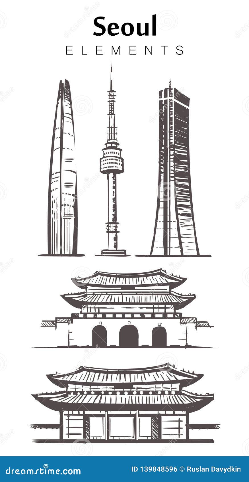 Set of Hand-drawn Seoul Buildings Elements Sketch Vector Stock ...