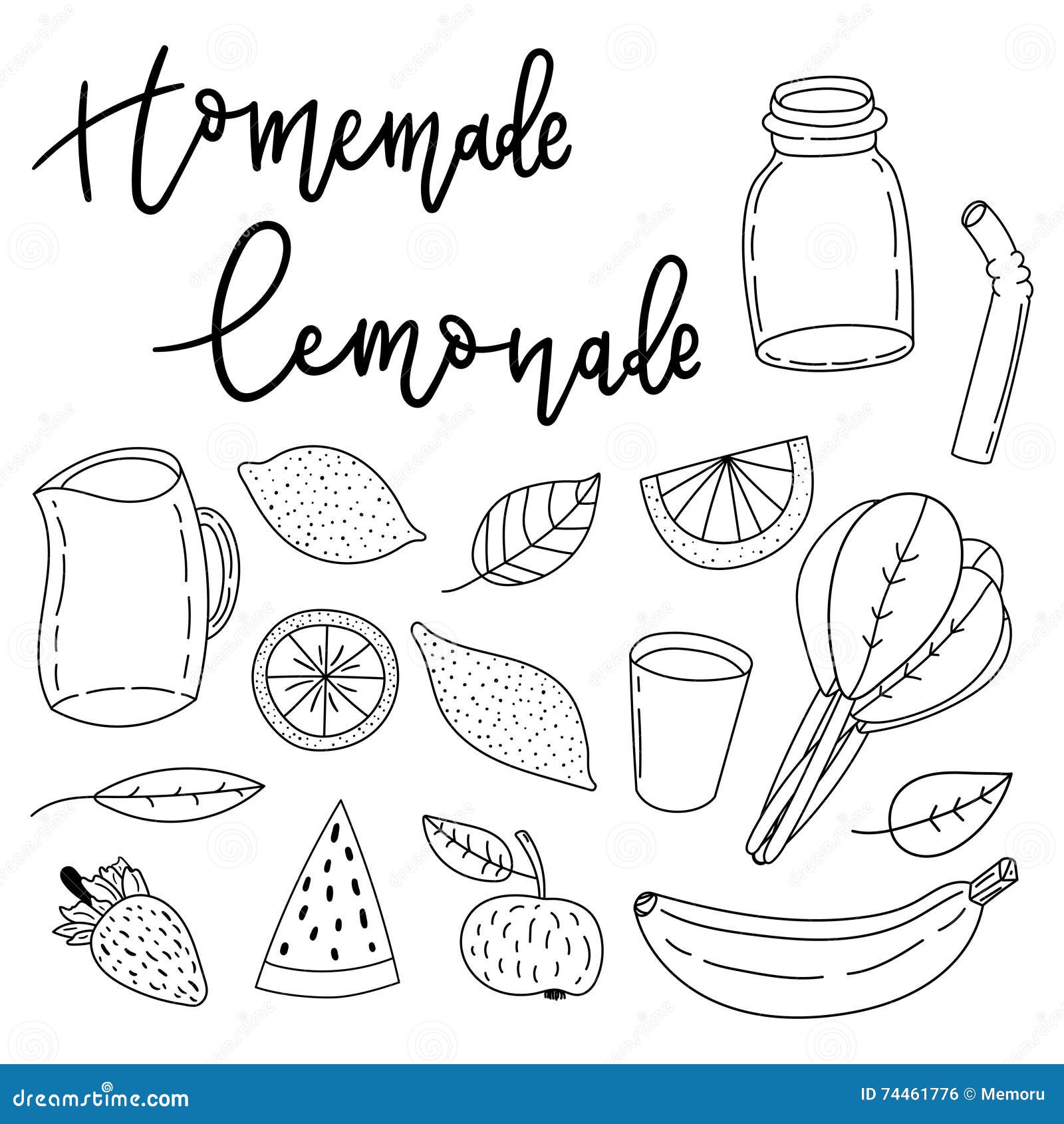 Set of Hand Drawn Simple Line Vector Doodle Icons. Lemonade. Stock ...