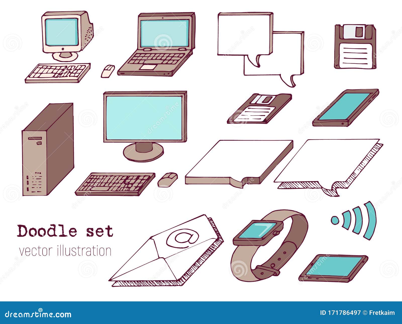 Set of Hand-drawn Sketch Gadgets Icons. Vintage PC, Computer, 90s ...