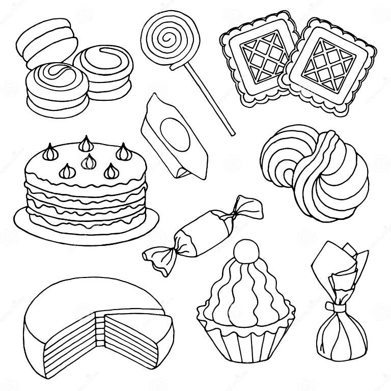 Set of Hand Drawn Sketches of Sweets, Biscuits and Cakes Stock Vector ...