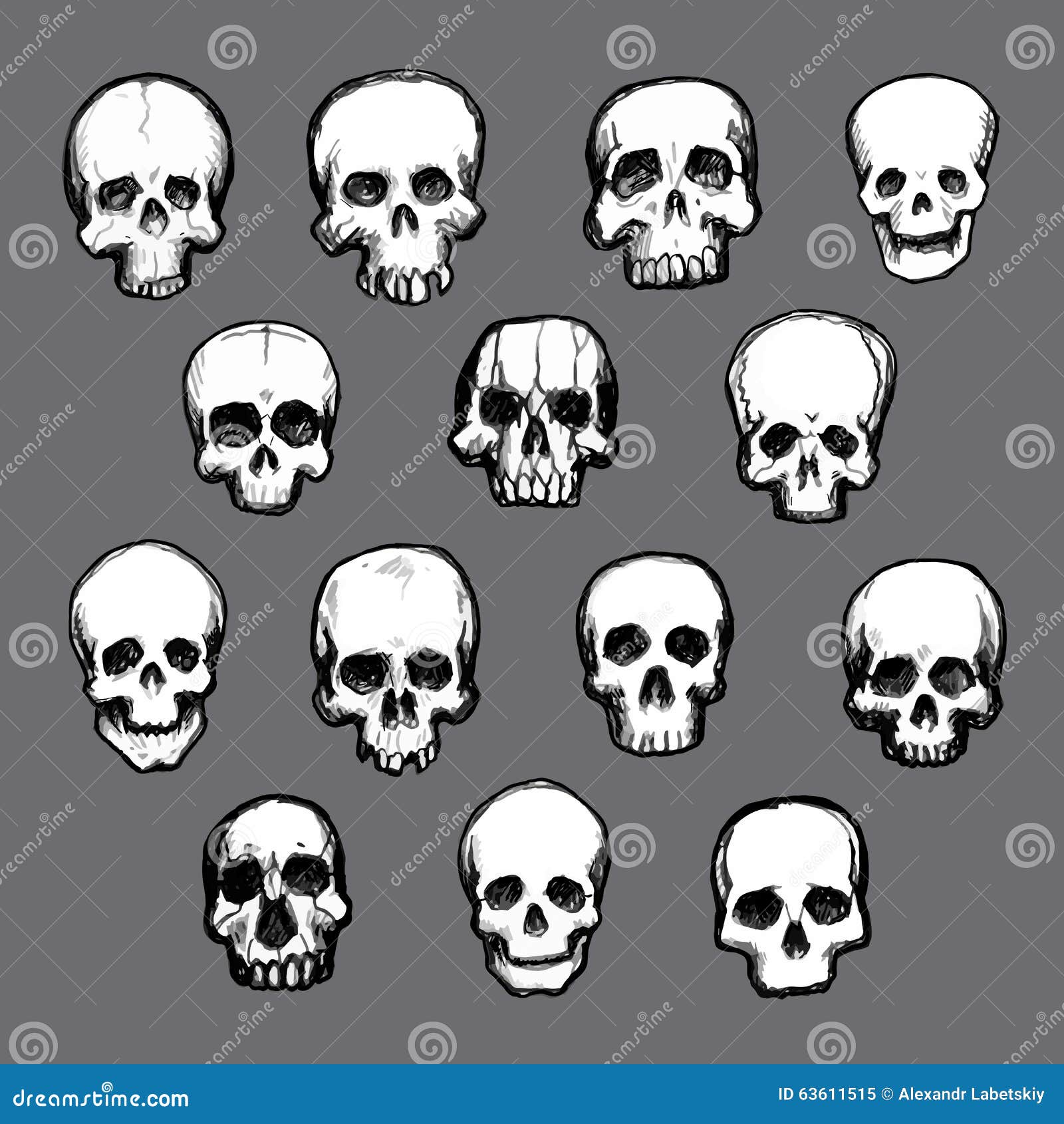 Set of hand drawn skulls stock vector. Illustration of dots - 63611515
