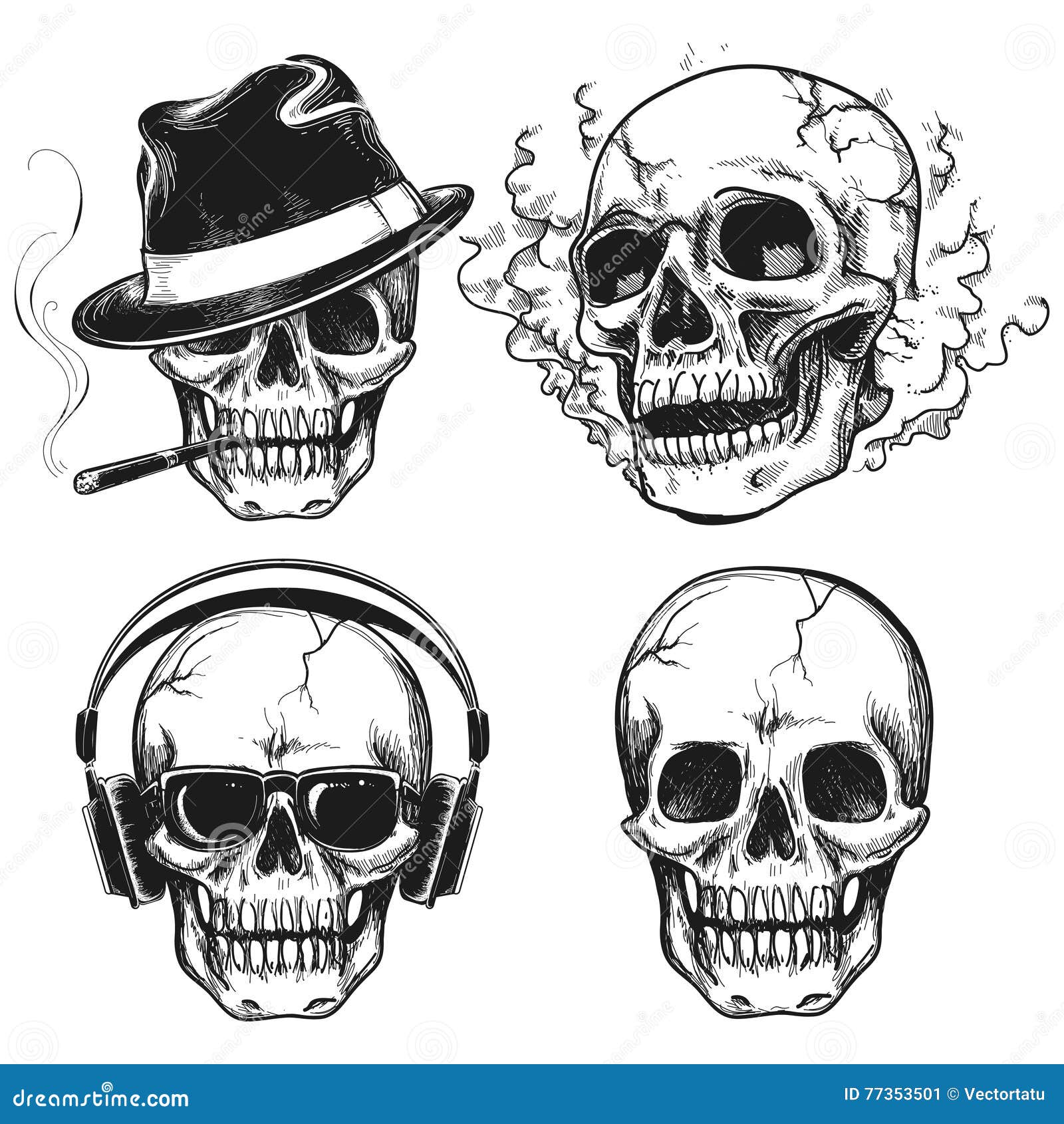 Set of hand drawn skulls stock vector. Illustration of scary - 77353501