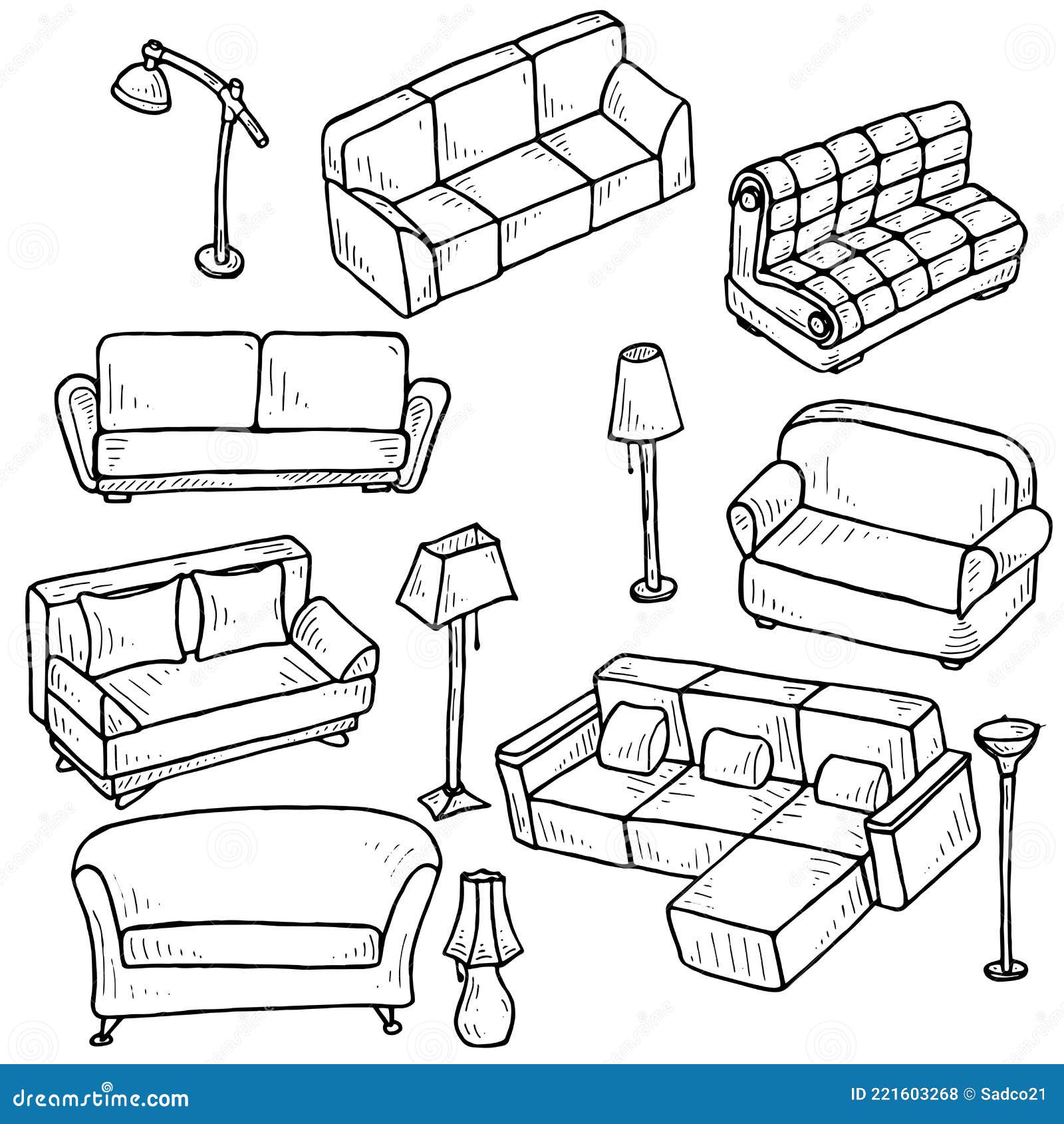 Hand drawn sofas doodle stock vector. Illustration of clipart - 221603268