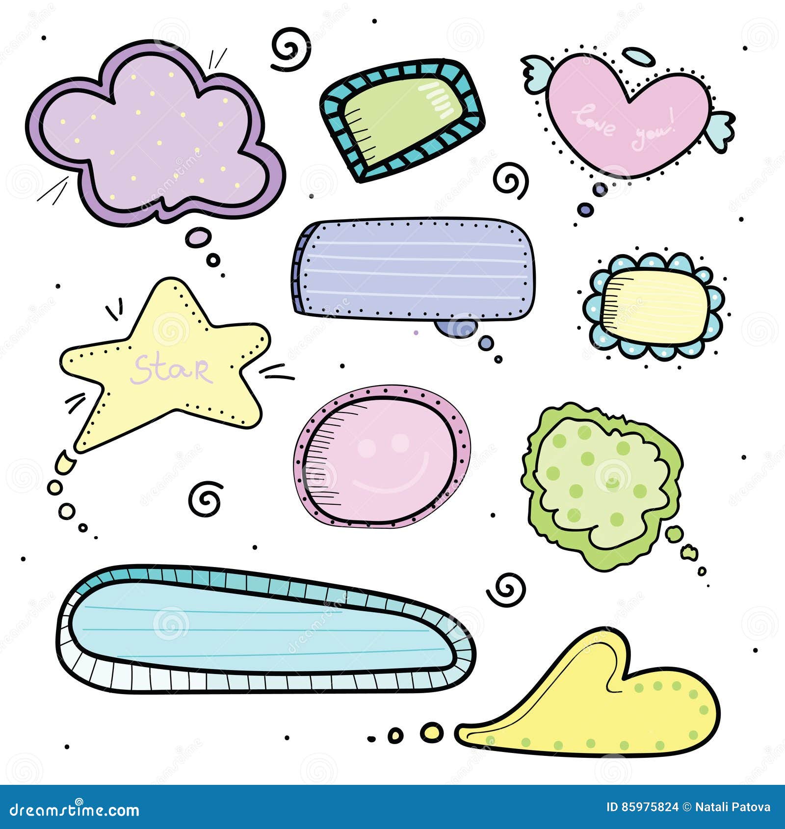 Set of Hand Drawn Speech Thought Bubbles. Colorful Cute Elements Stock ...