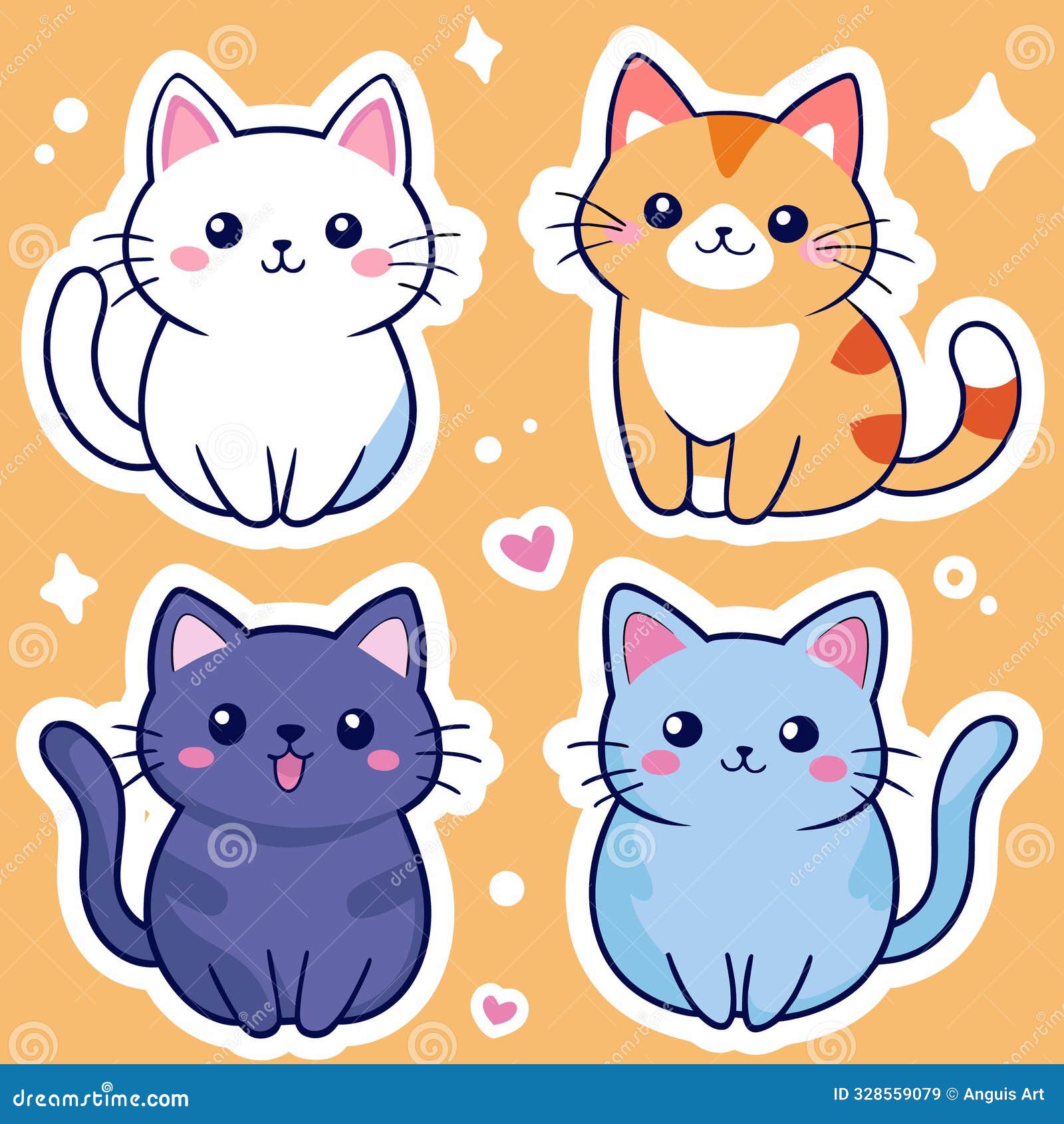 Set of Hand Drawn Stickers with Cute Cats. Stock Illustration ...