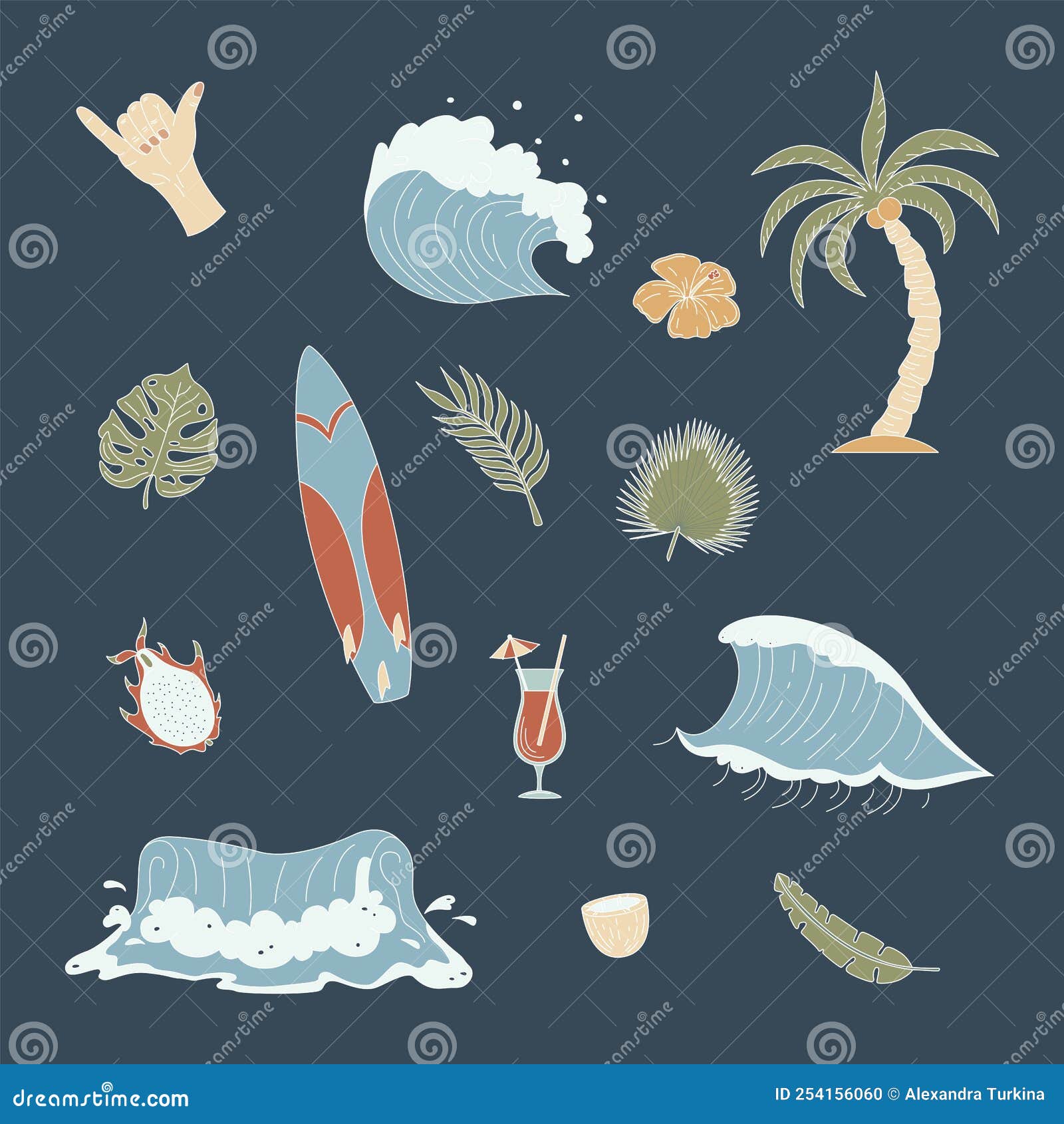 A Set of Hand Drawn Surfing Elements. Waves, Surfboard, Palm Trees ...