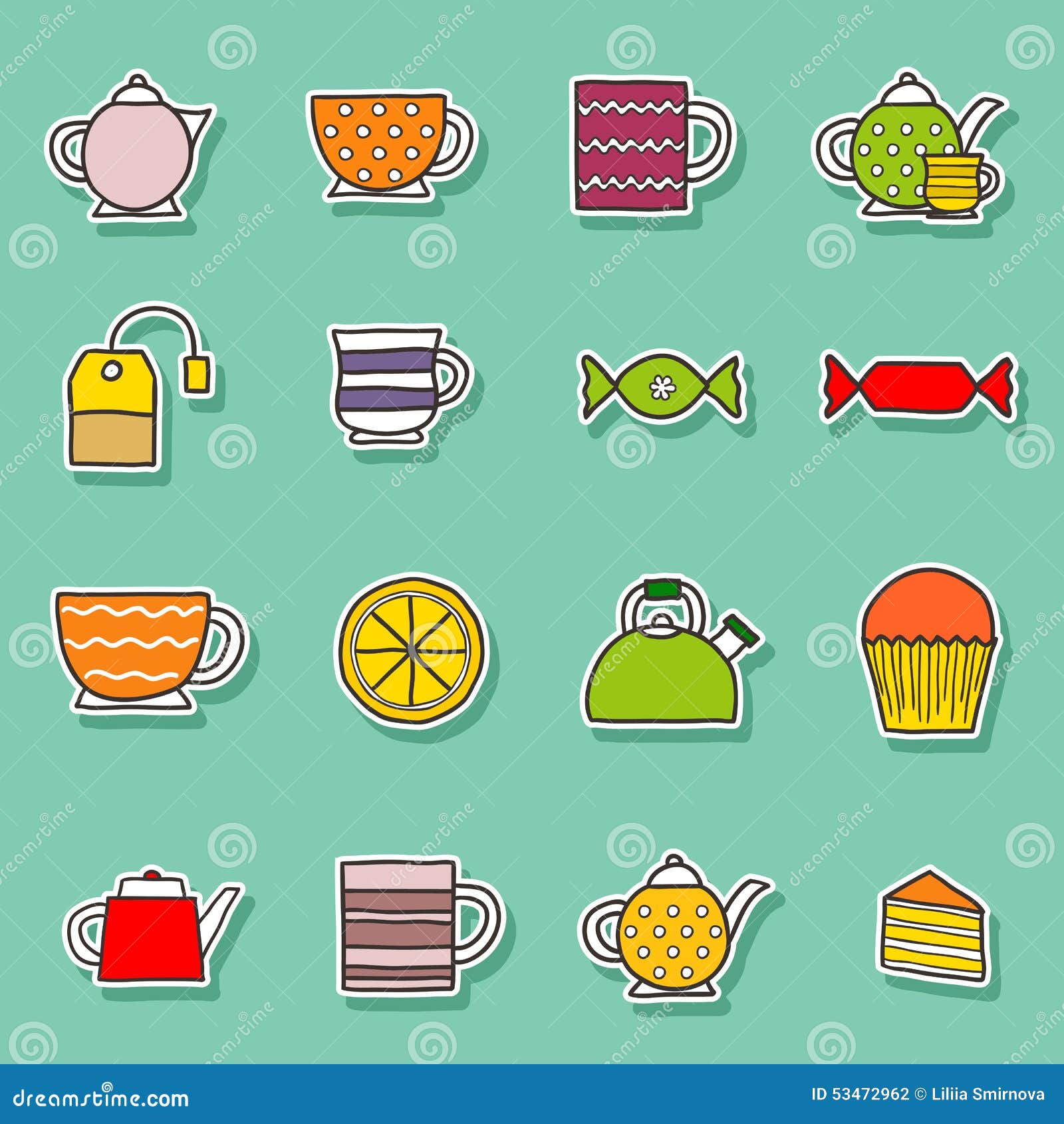 Set of Hand Drawn Teatime Stickers Stock Vector - Illustration of ...
