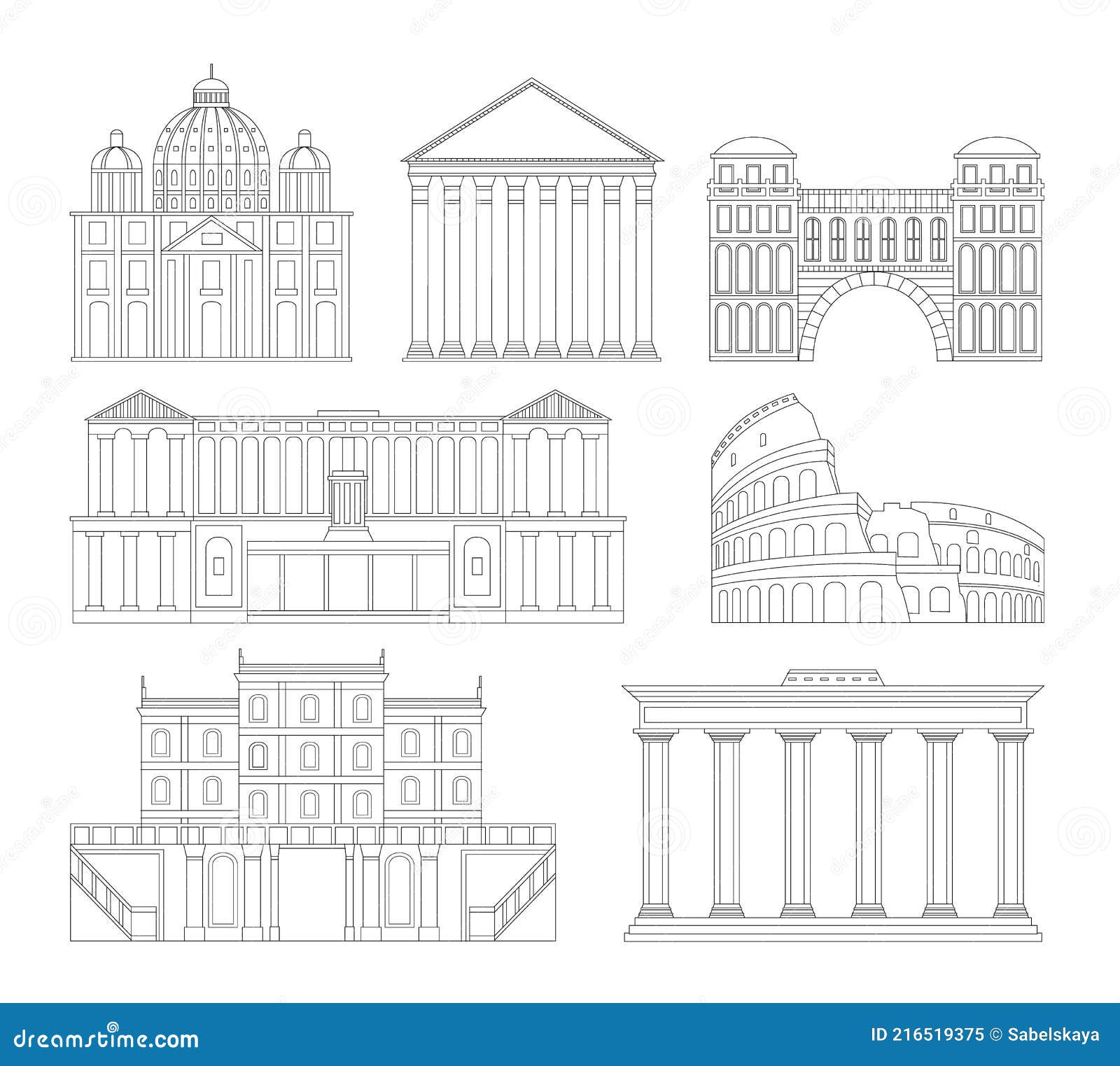 Set of Hand-drawn Thin Line Rome Buildings, Vector Illustration ...