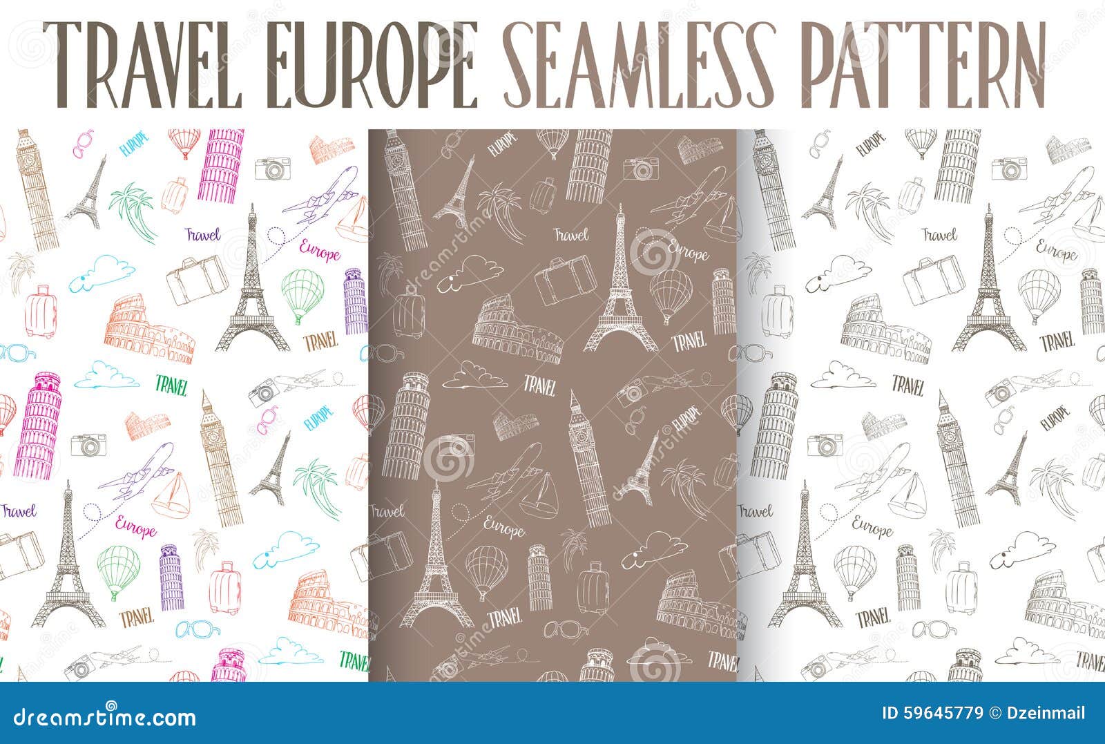 Set of Hand Drawn Travel Europe Seamless Pattern Stock Vector ...