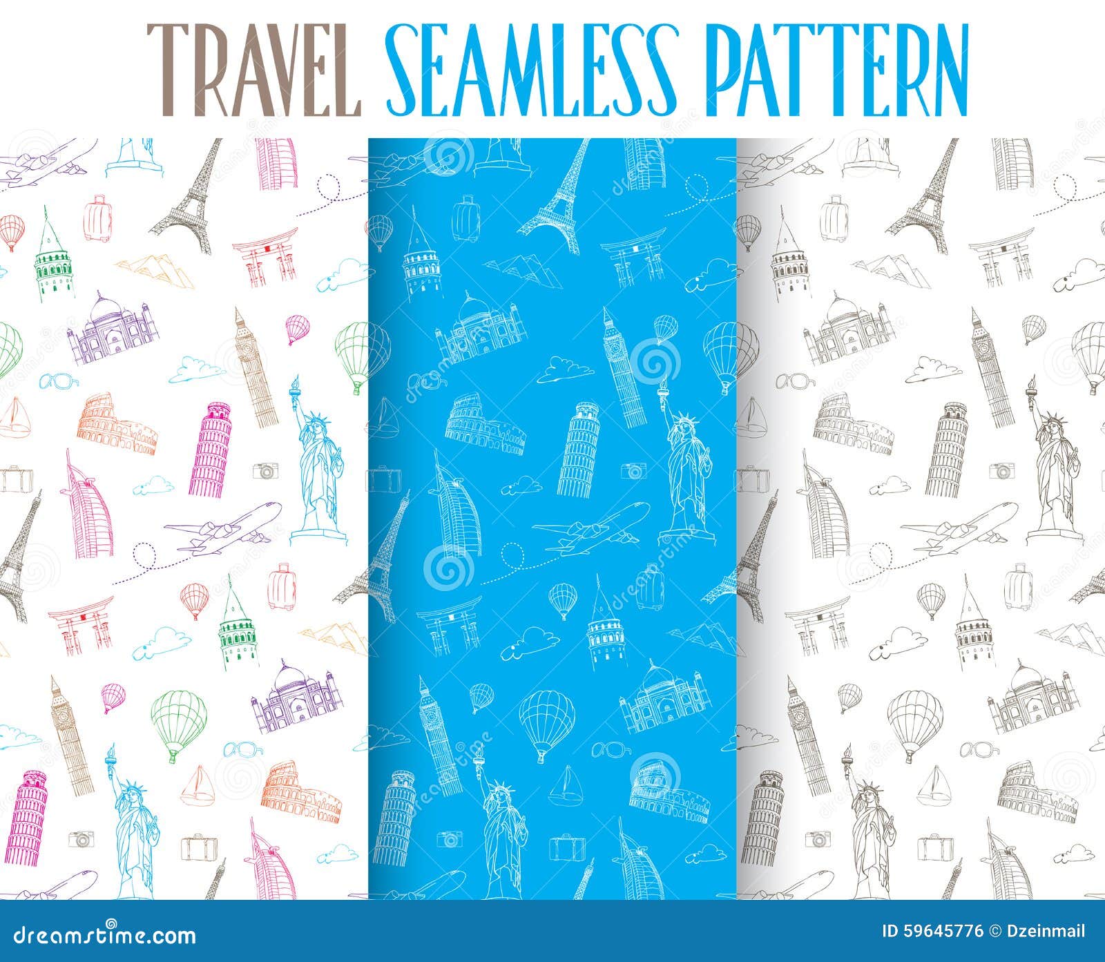 Set of Hand Drawn Travel the World Seamless Pattern Stock Vector ...