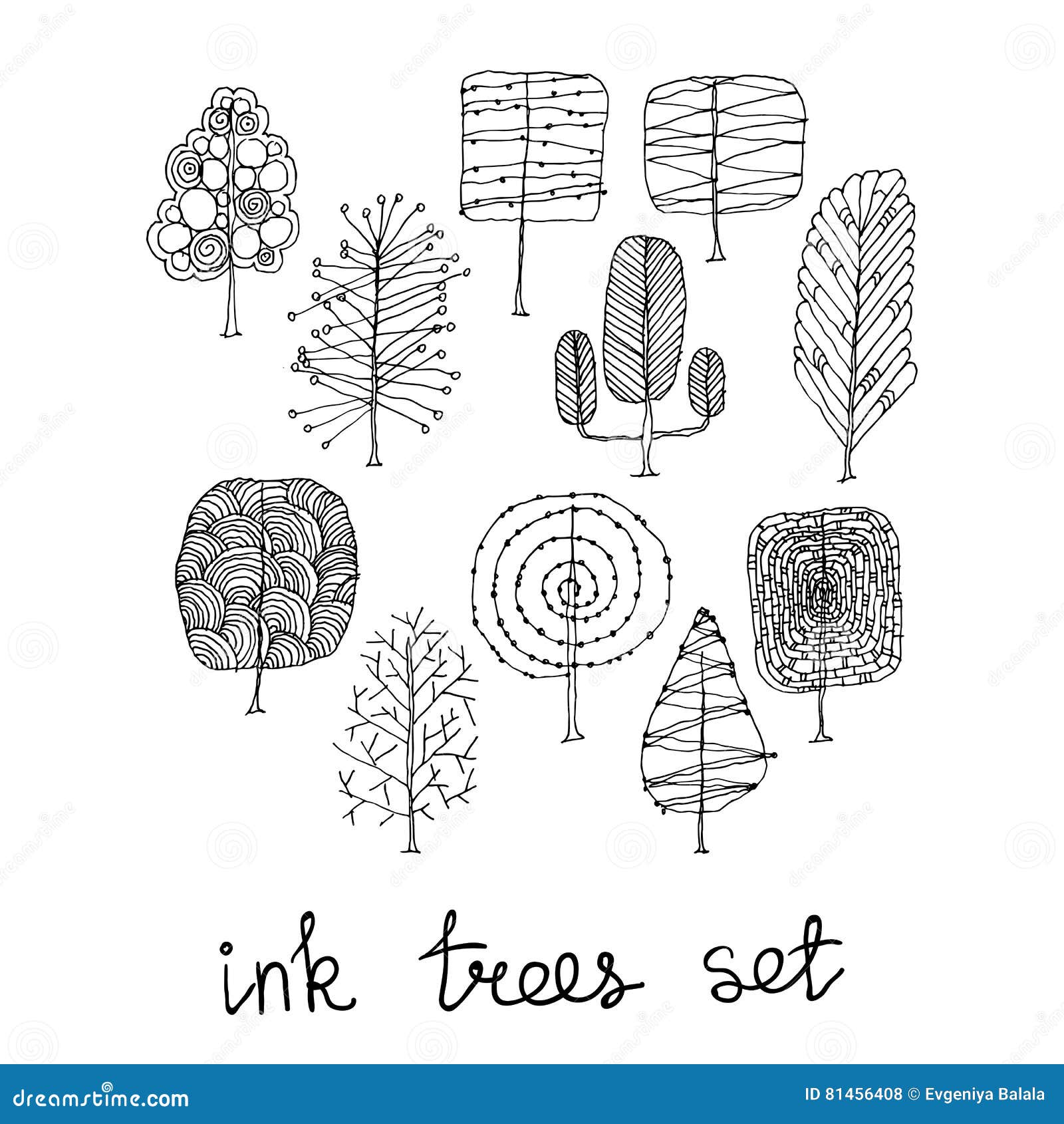 Set of Hand Drawn of Trees. Ink Style Stock Vector - Illustration of ...