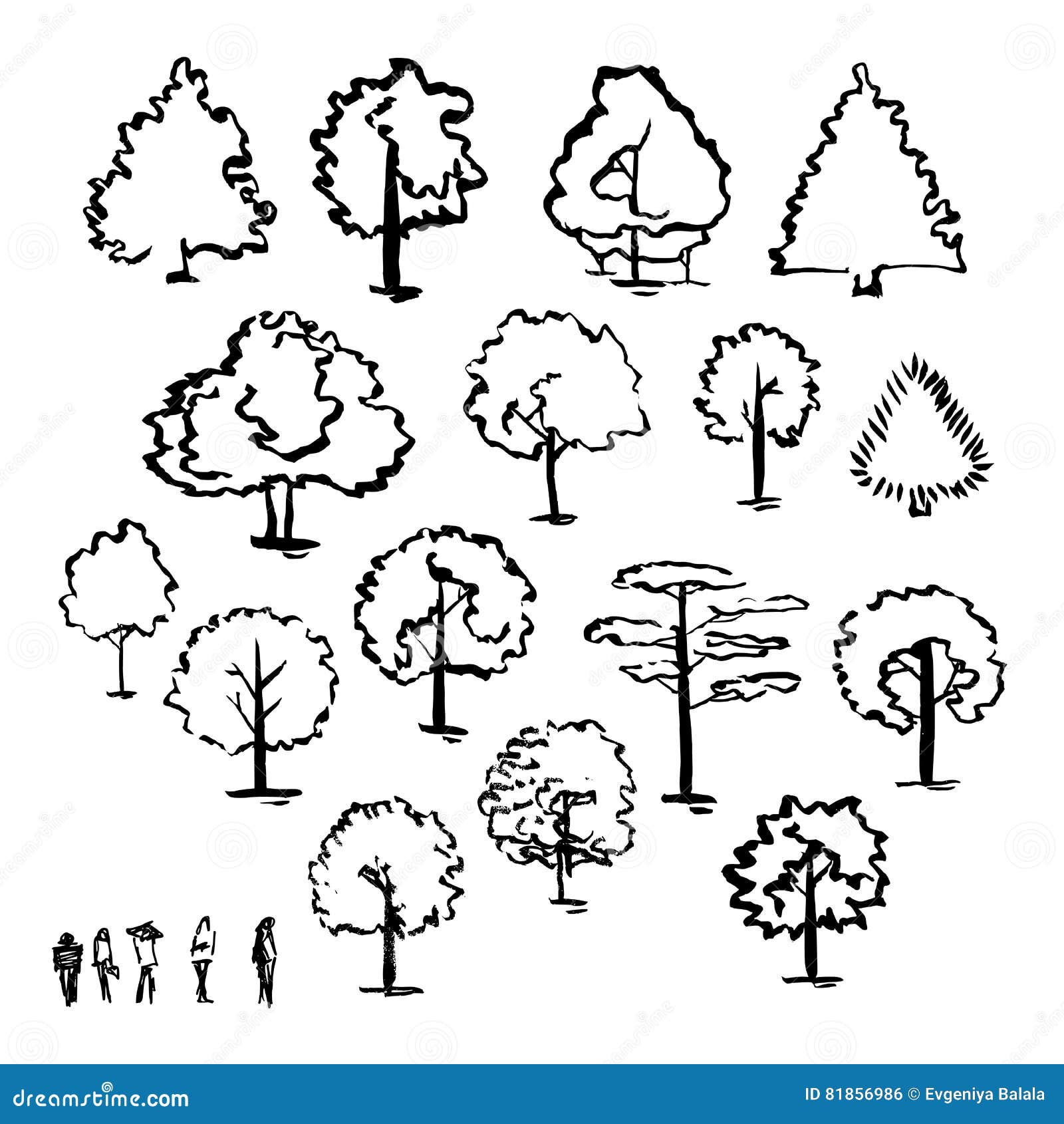 Set of Hand Drawn of Trees. Ink Style Stock Vector - Illustration of ...