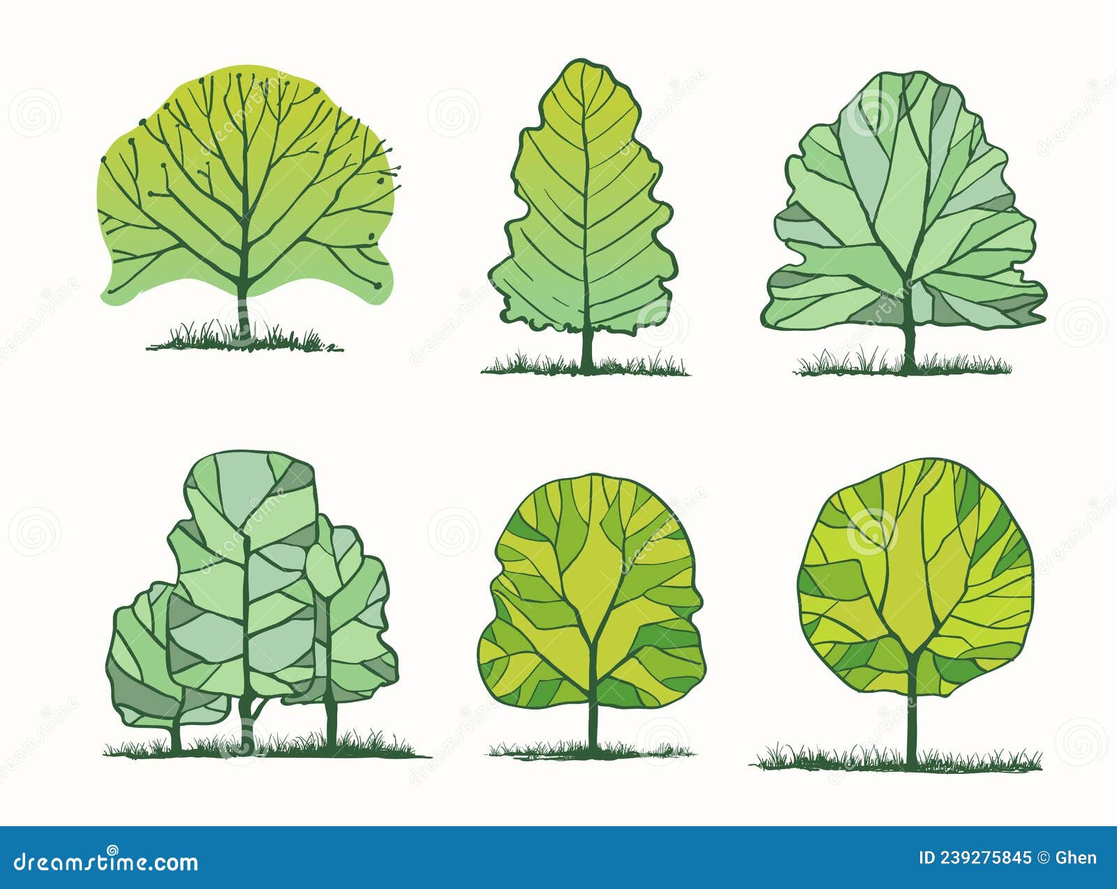 Set of Hand Drawn Trees, Stylized Tree Crown on White Stock Vector ...