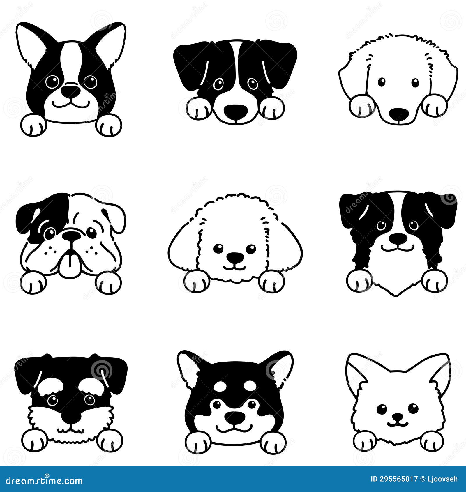 Set of Hand Drawn Various Cute Dog Faces with Paws only Outlines Stock ...
