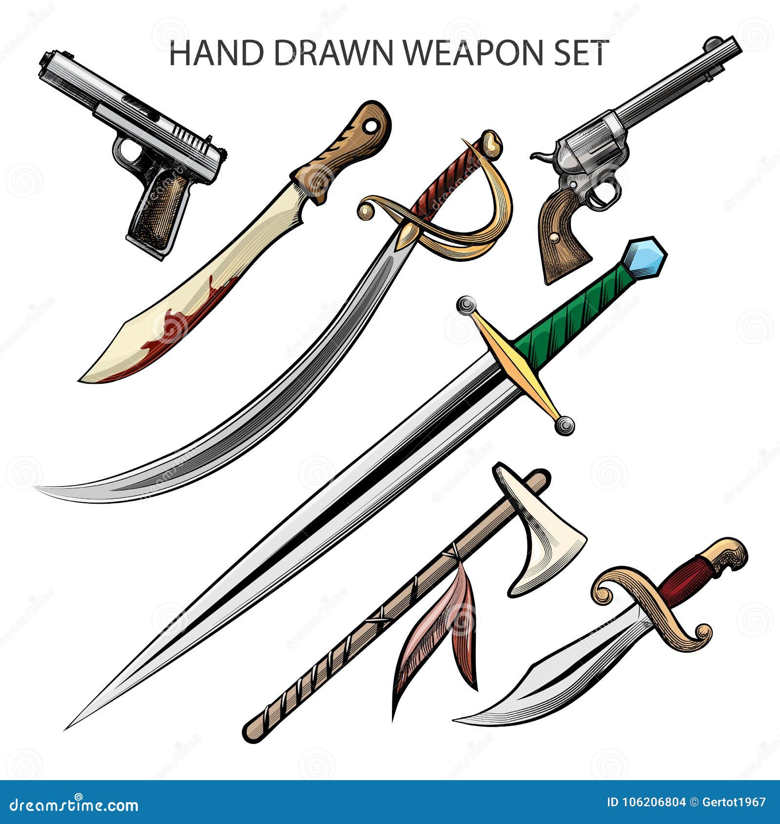 Hand Drawn weapon Set stock vector. Illustration of icon - 106206804