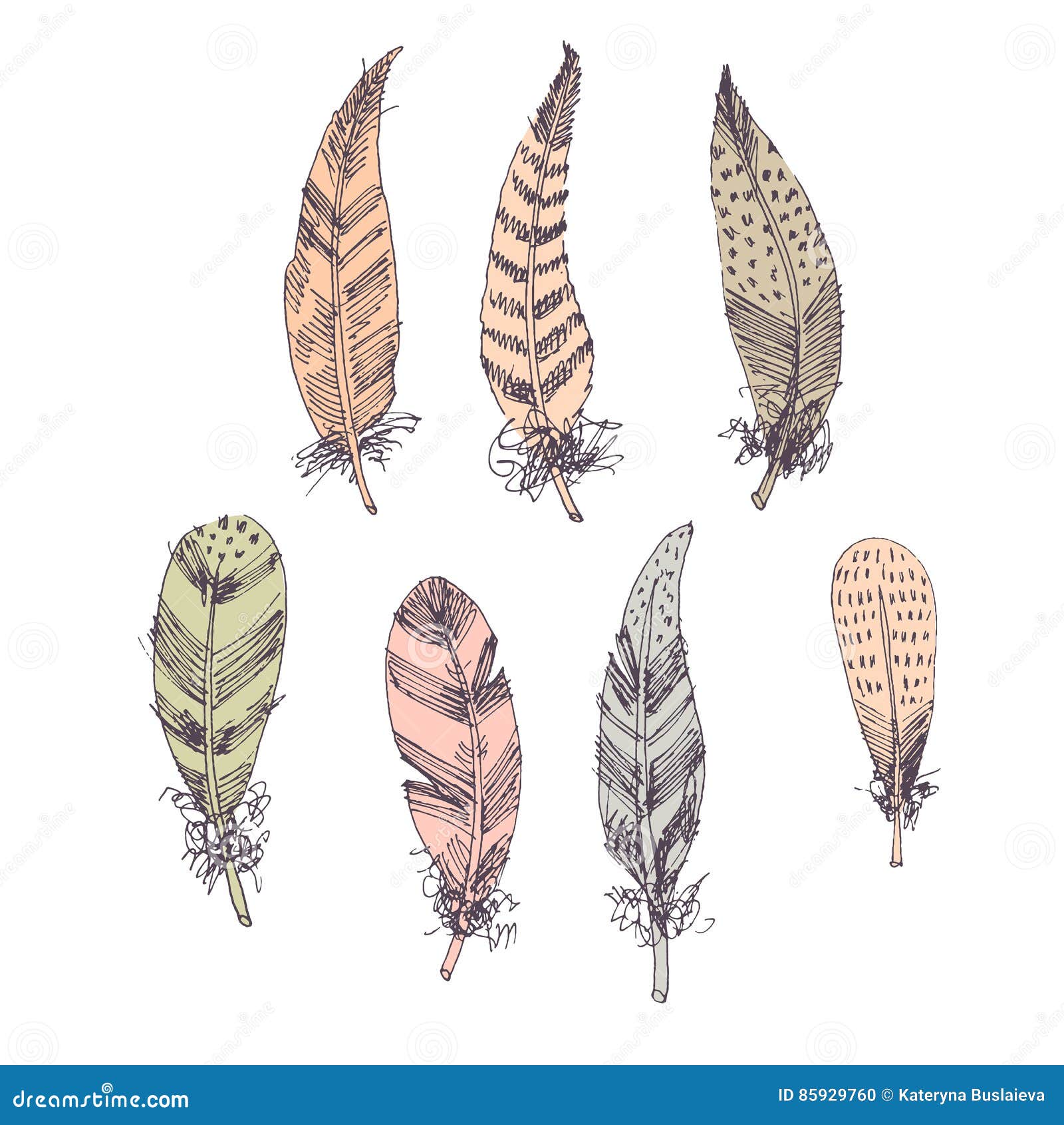 Set of Hand Drawn Vector Feather in Boho Style Stock Vector ...