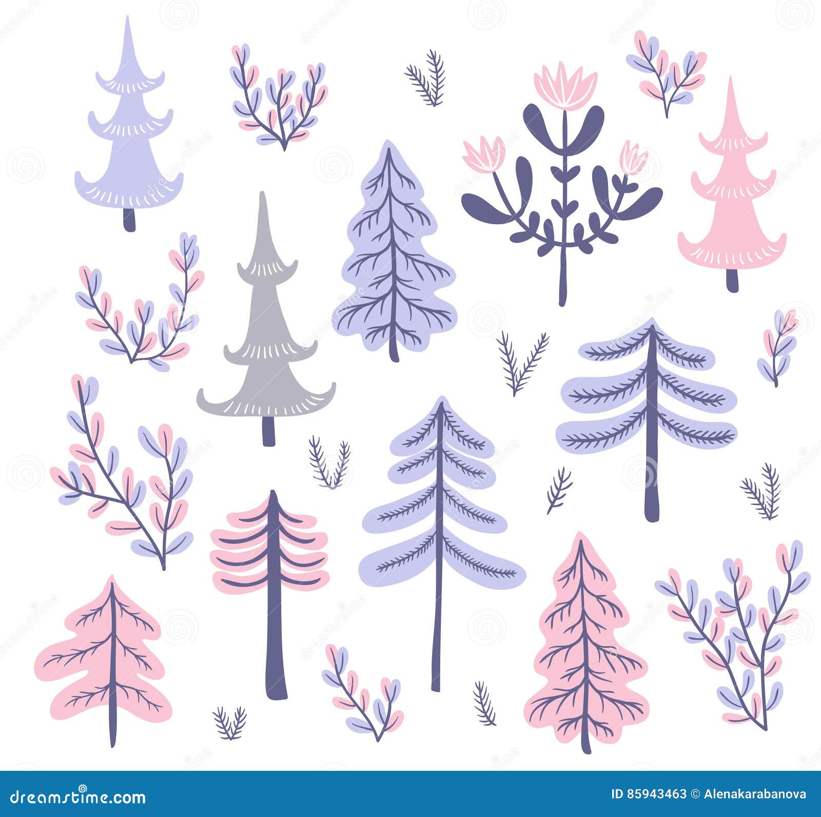 Set of Hand Drawn Vector Trees in Scandinavian Style. Collection of ...