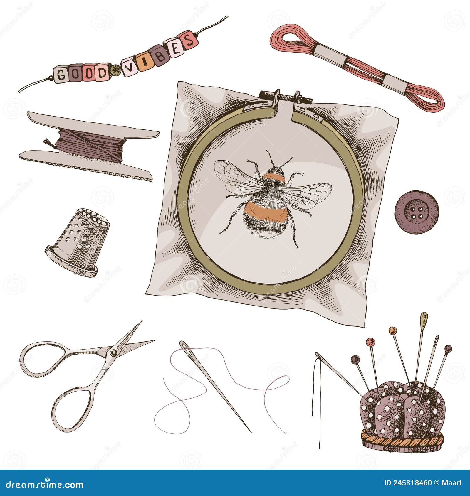 Set of Hand Drawn Vintage Sewing Tools. Stock Vector - Illustration of ...