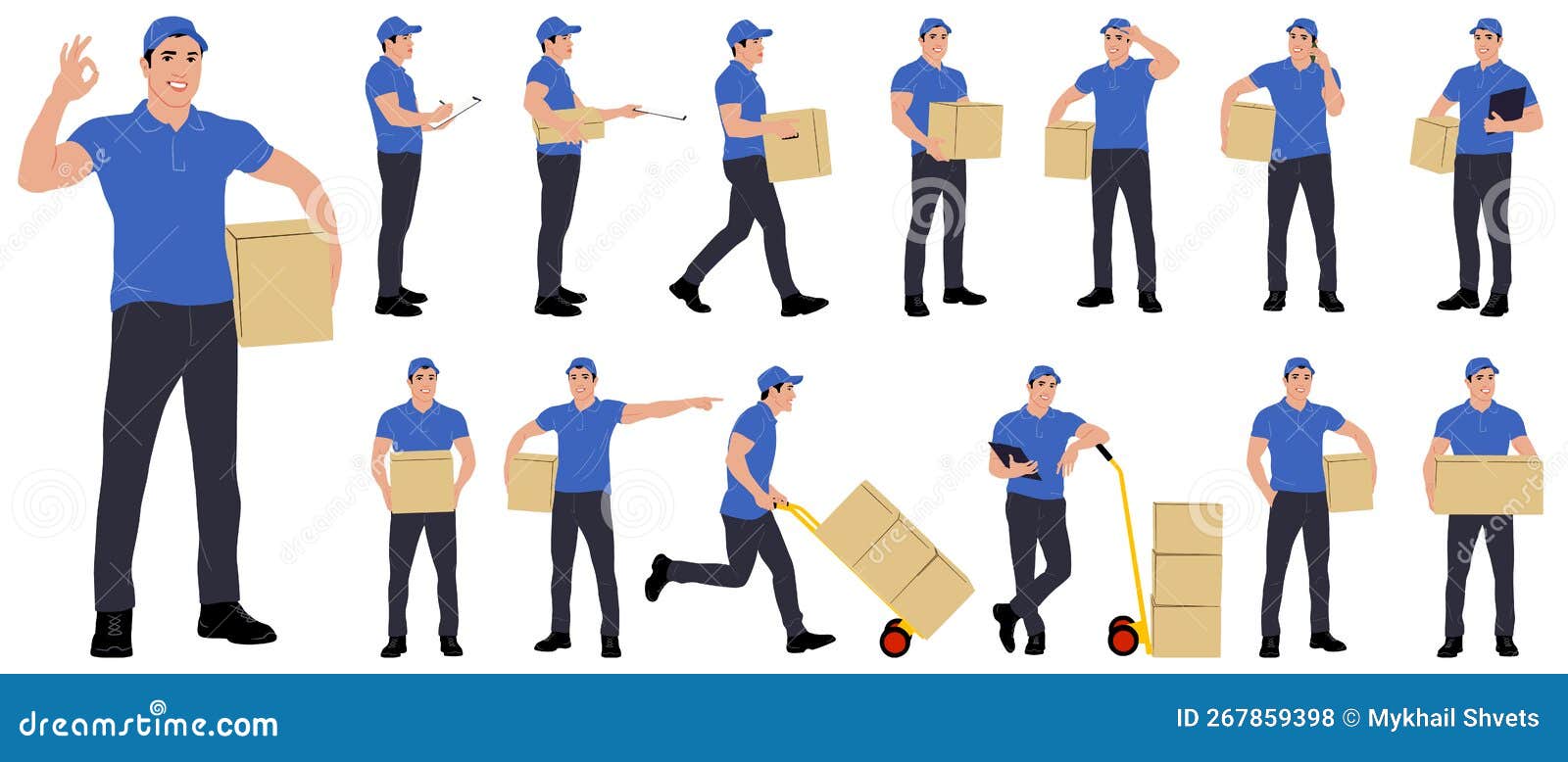 Set of Hand-drawn Warehouse Workers with the Package. Delivery Guy is ...