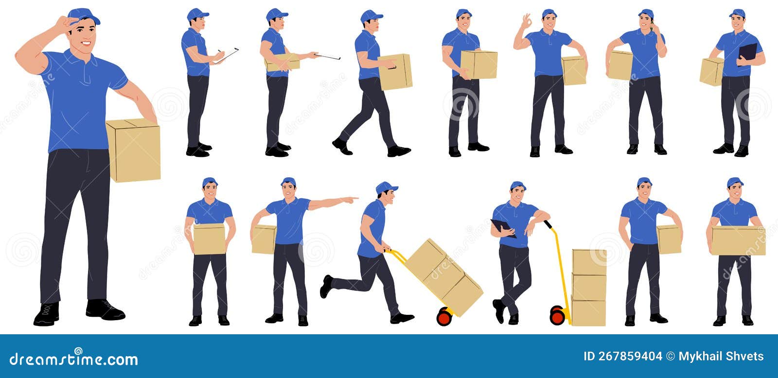 Set of Hand-drawn Warehouse Workers with the Package. Delivery Guy is ...