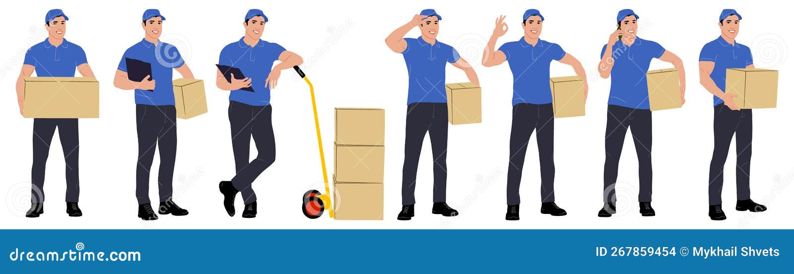 Set of Hand-drawn Warehouse Workers with the Package. Delivery Guy is ...