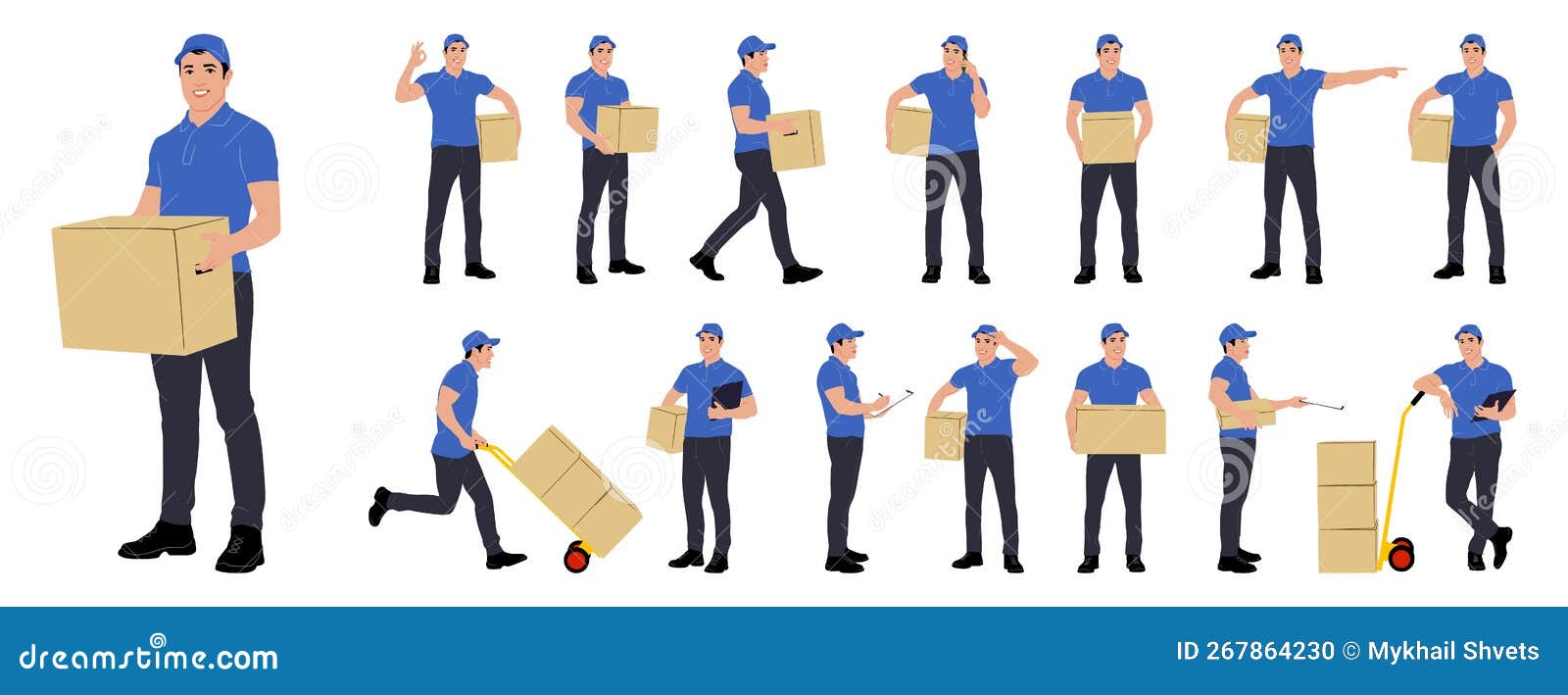 Set of Hand-drawn Warehouse Workers with the Package. Delivery Guy is ...