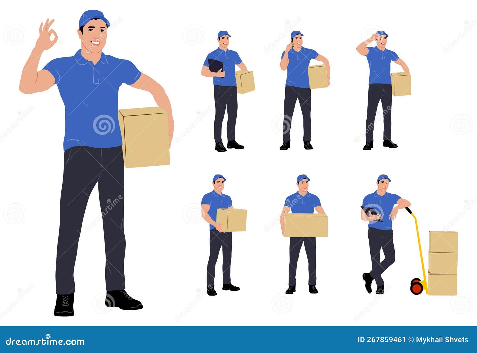 Set of Hand-drawn Warehouse Workers with the Package. Delivery Guy is ...